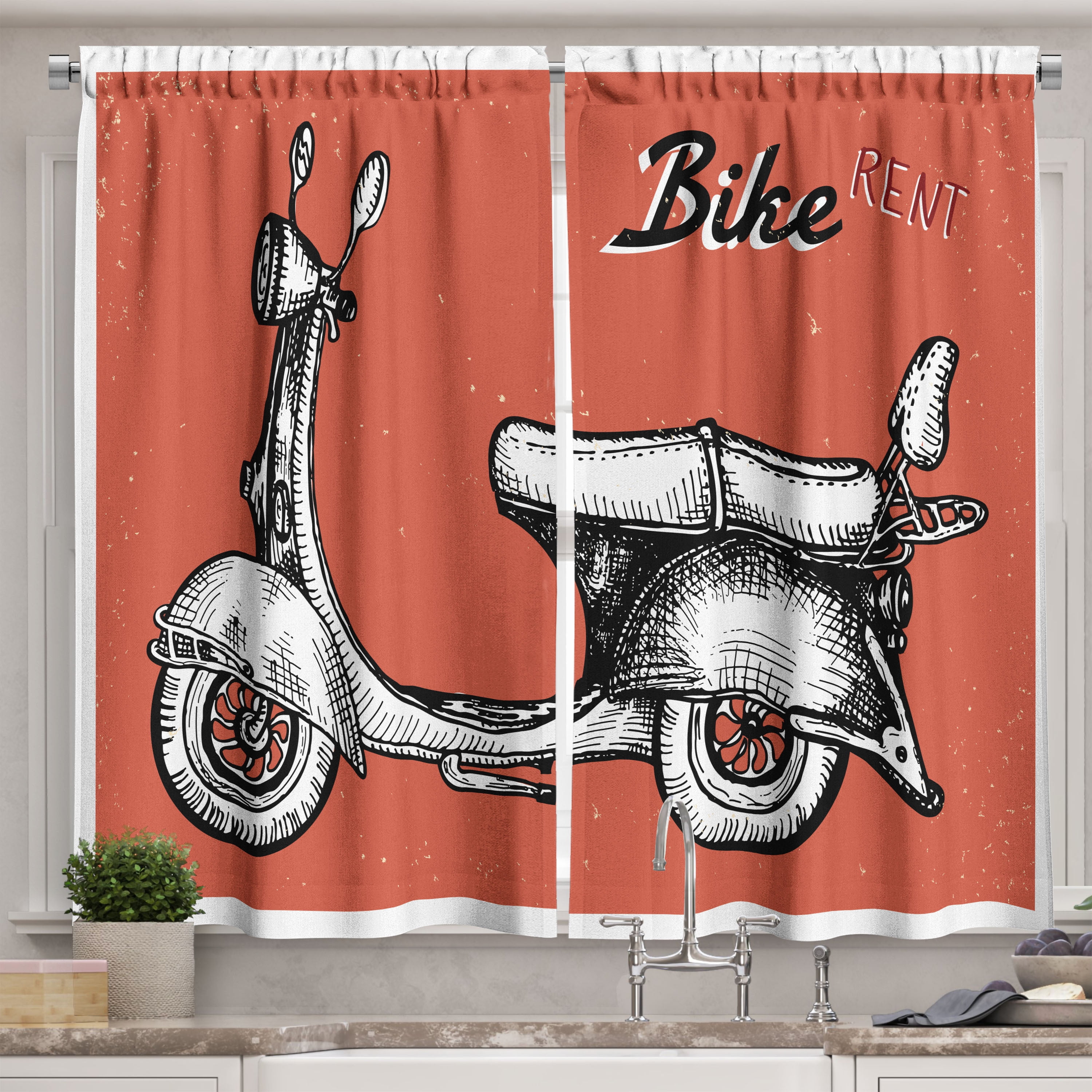 Ambesonne Retro Kitchen Curtains, Scooter Bicycle Sign, 55"x45", Red ...