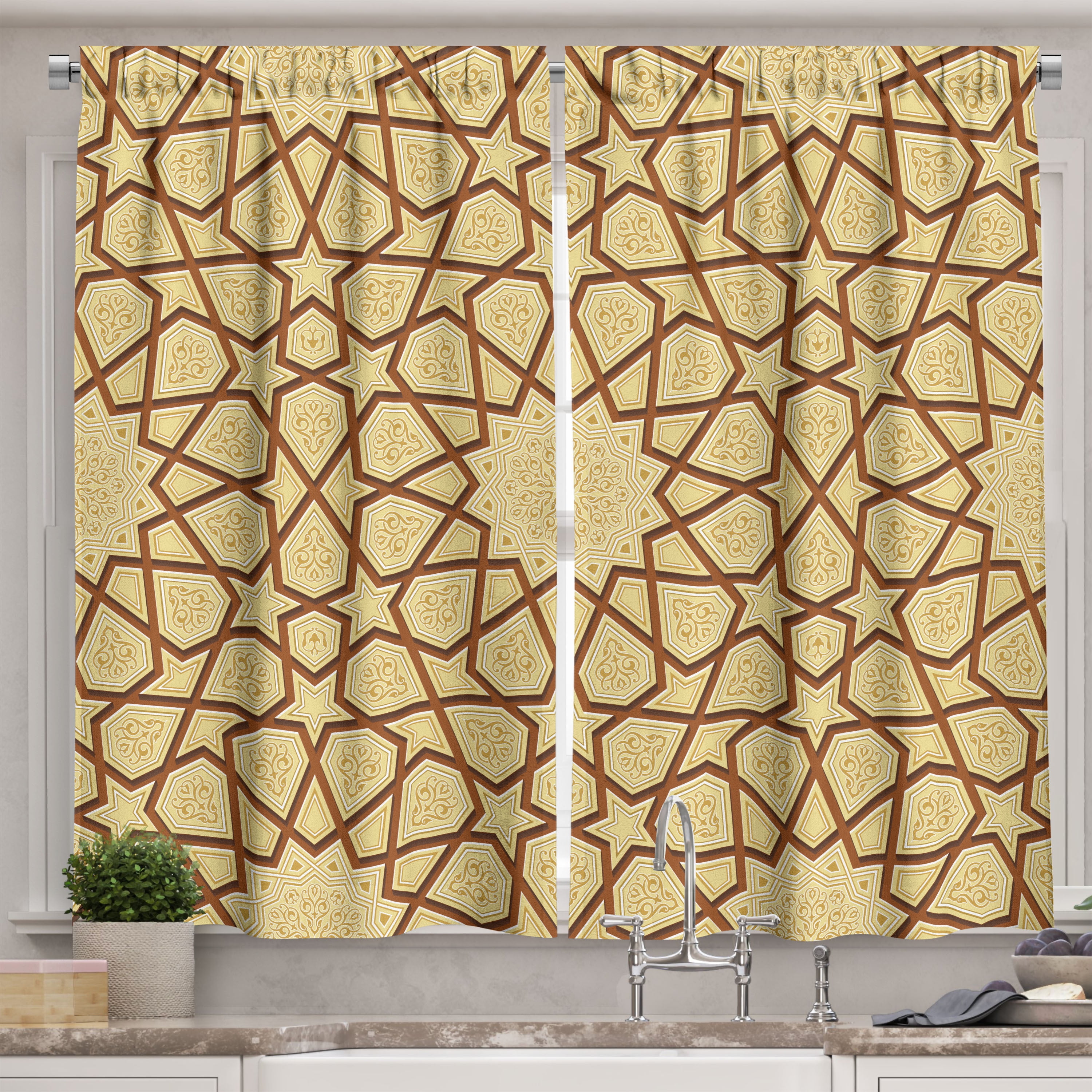 Ambesonne Retro Kitchen Curtains, Star Shapes, 55"x45", Cream Brown ...