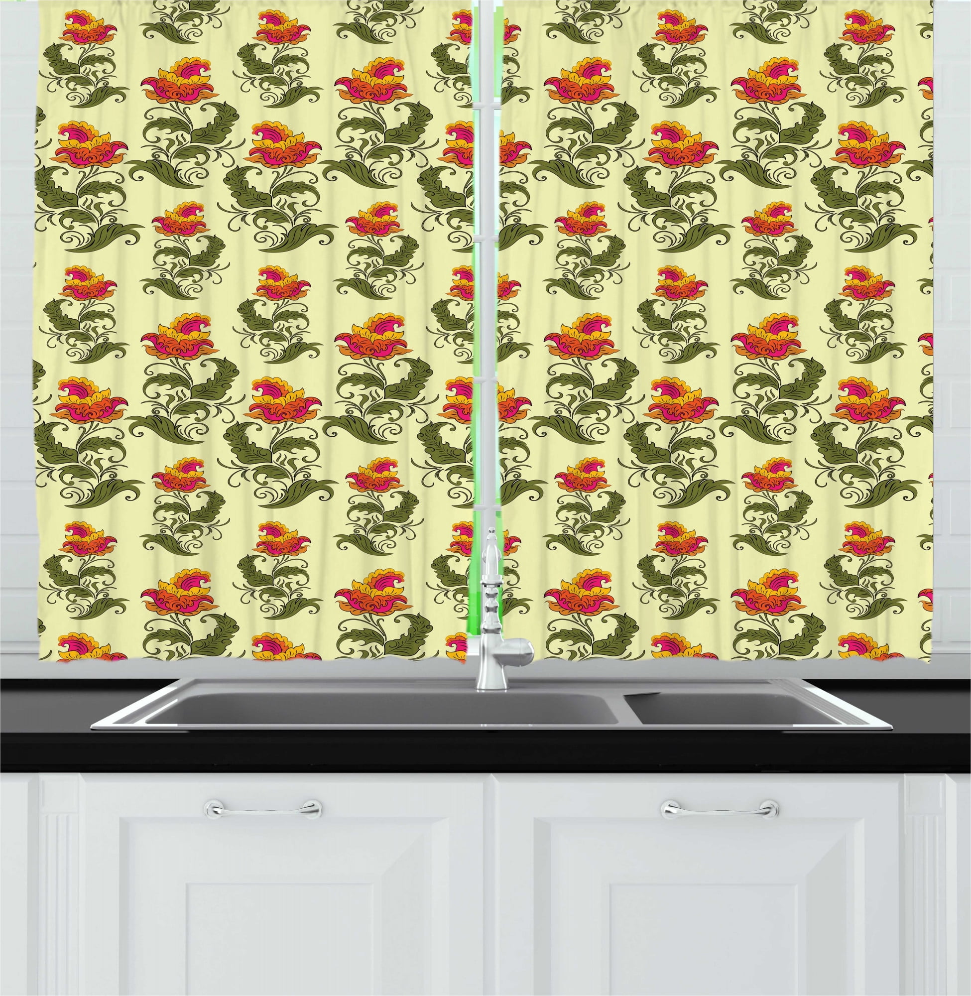 Ambesonne Retro Kitchen Curtains, Vintage Oriental Flowers Art, 55"x45 ...