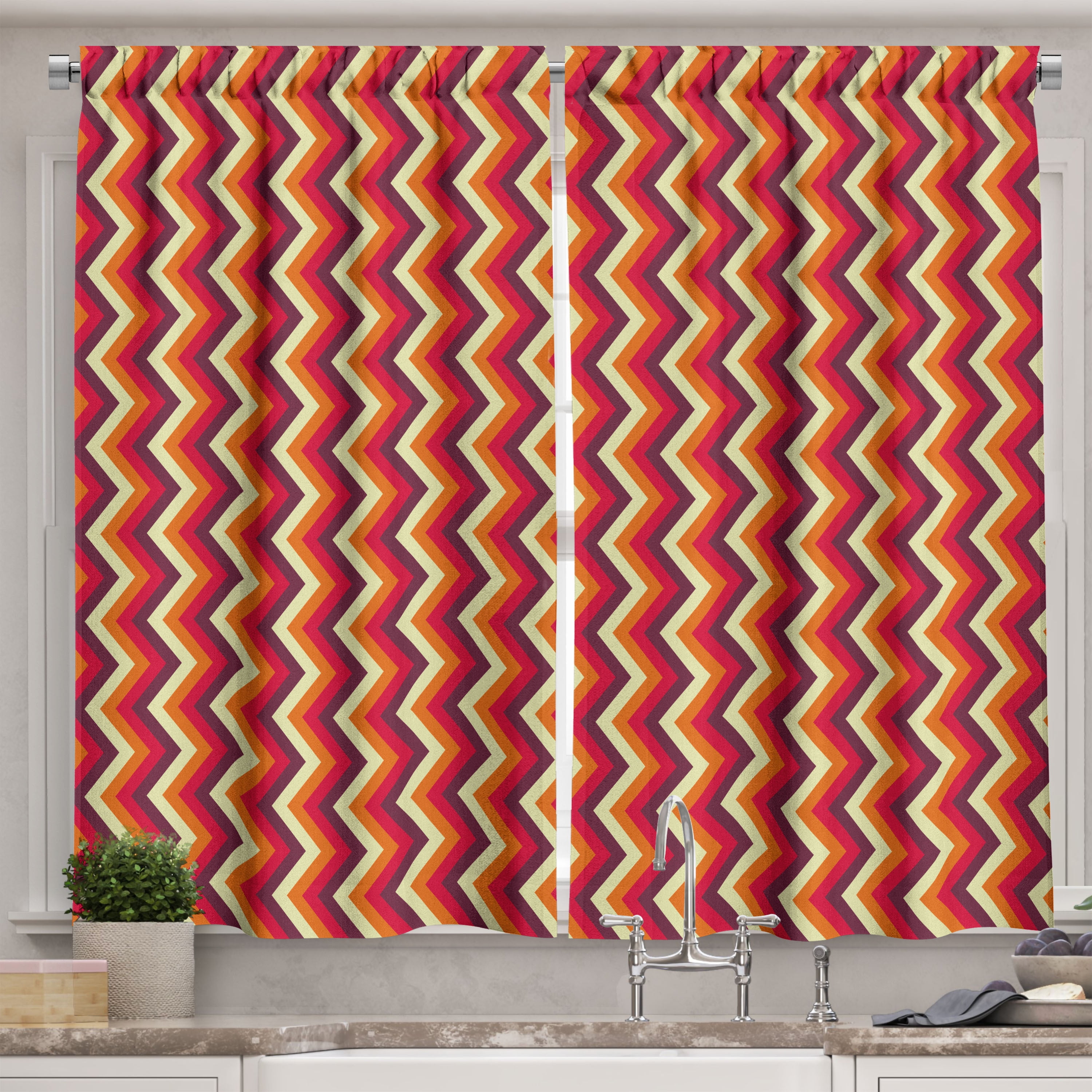Ambesonne Retro Kitchen Curtains, Zig Zag Chevron Stripes, 55"x39 ...