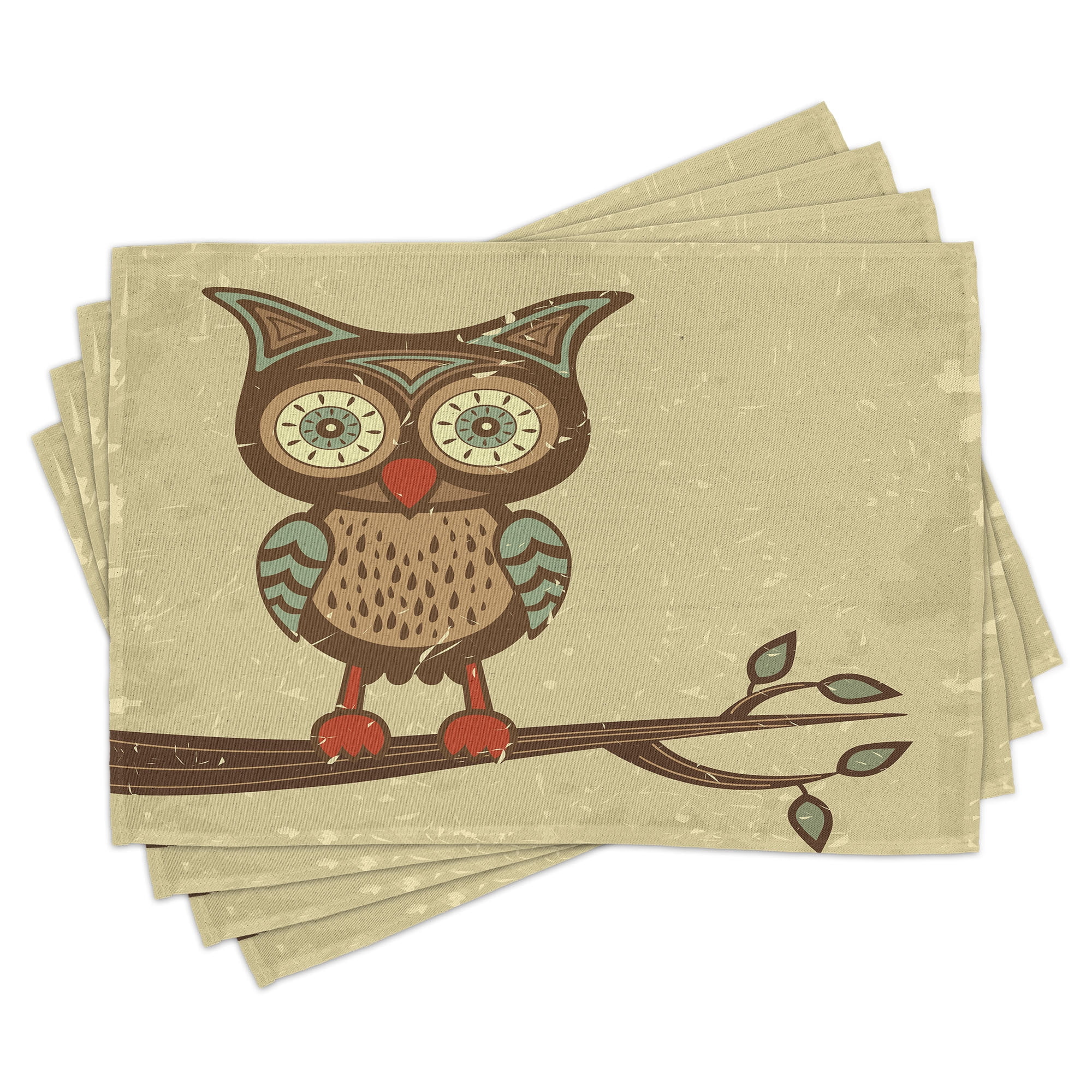 Ambesonne Retro Place Mats Set of 4, Owl Sitting on Branch, Standard ...
