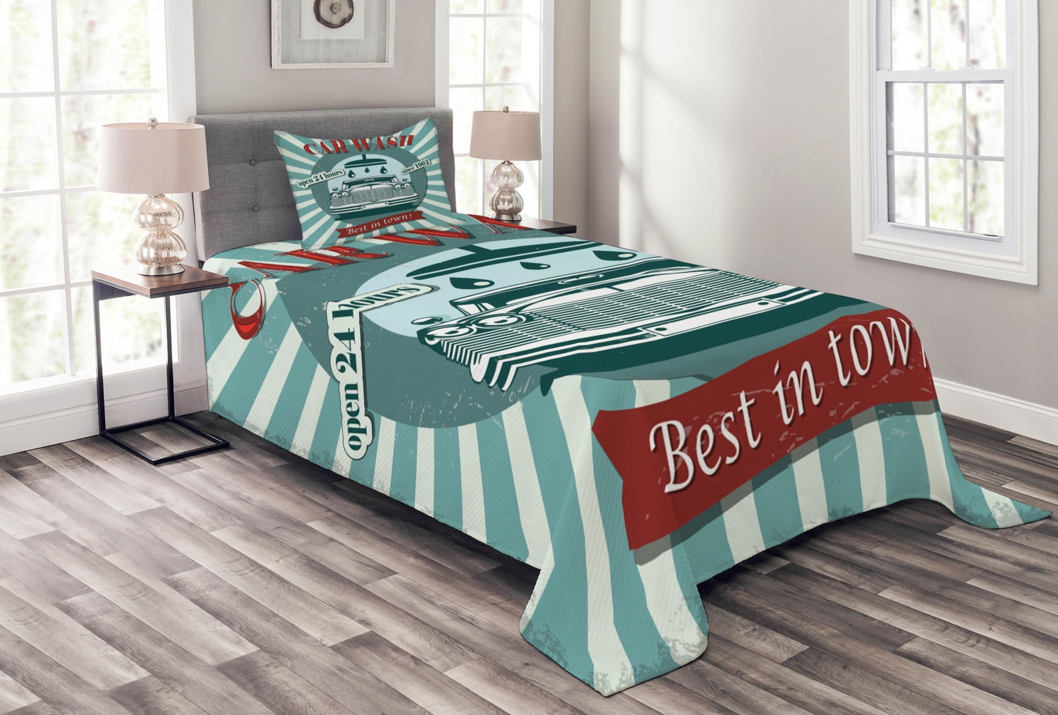 Ambesonne Retro Quilted Bedspread Set 2 Pcs, Car Wash Sign Commercial ...