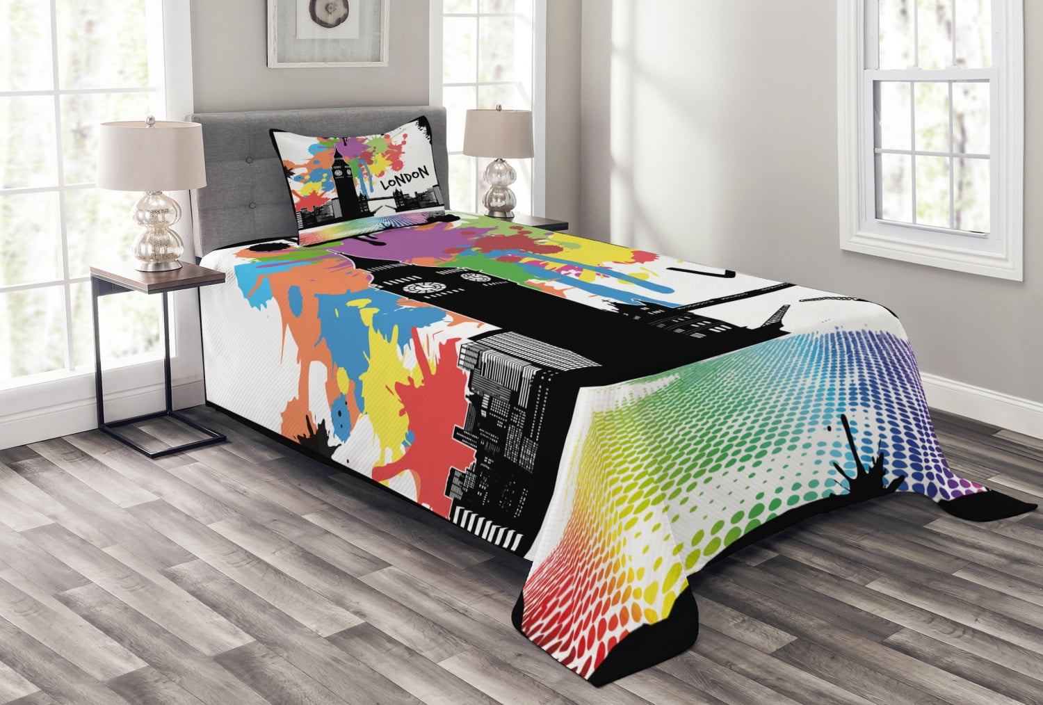 Ambesonne Retro Quilted Bedspread Set 2 Pcs, Colorful London City View ...