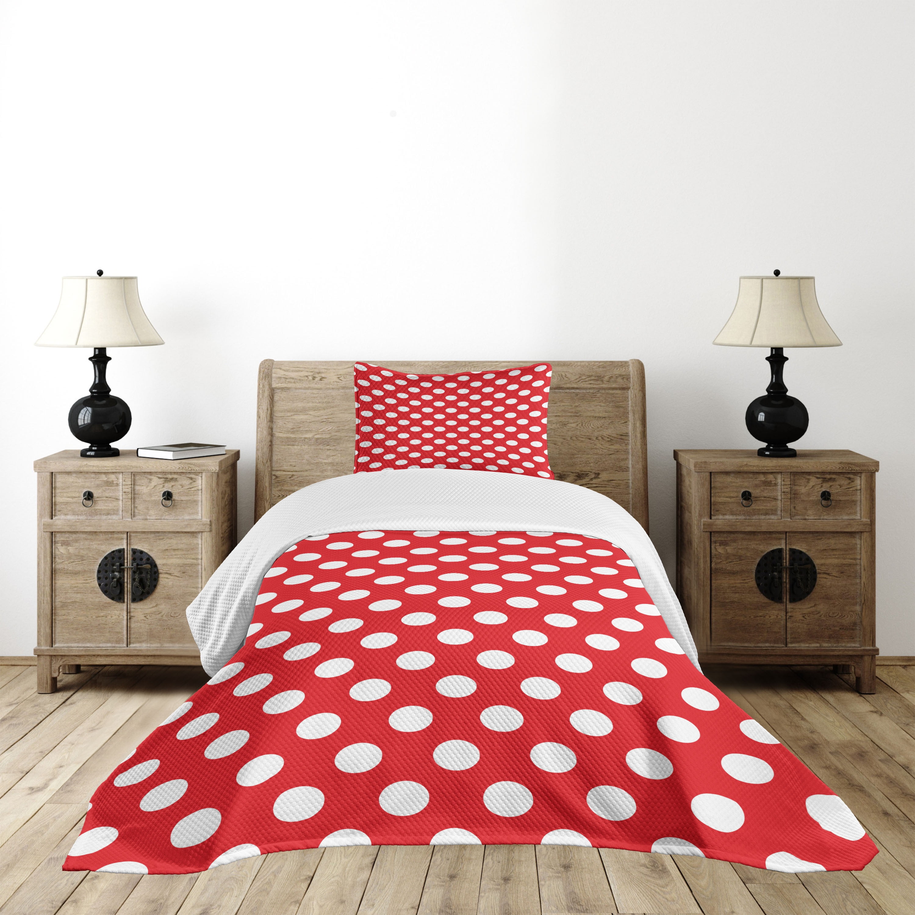 Ambesonne Retro Quilted Bedspread Set 2 Pcs, Pop Art White Polka Dots ...