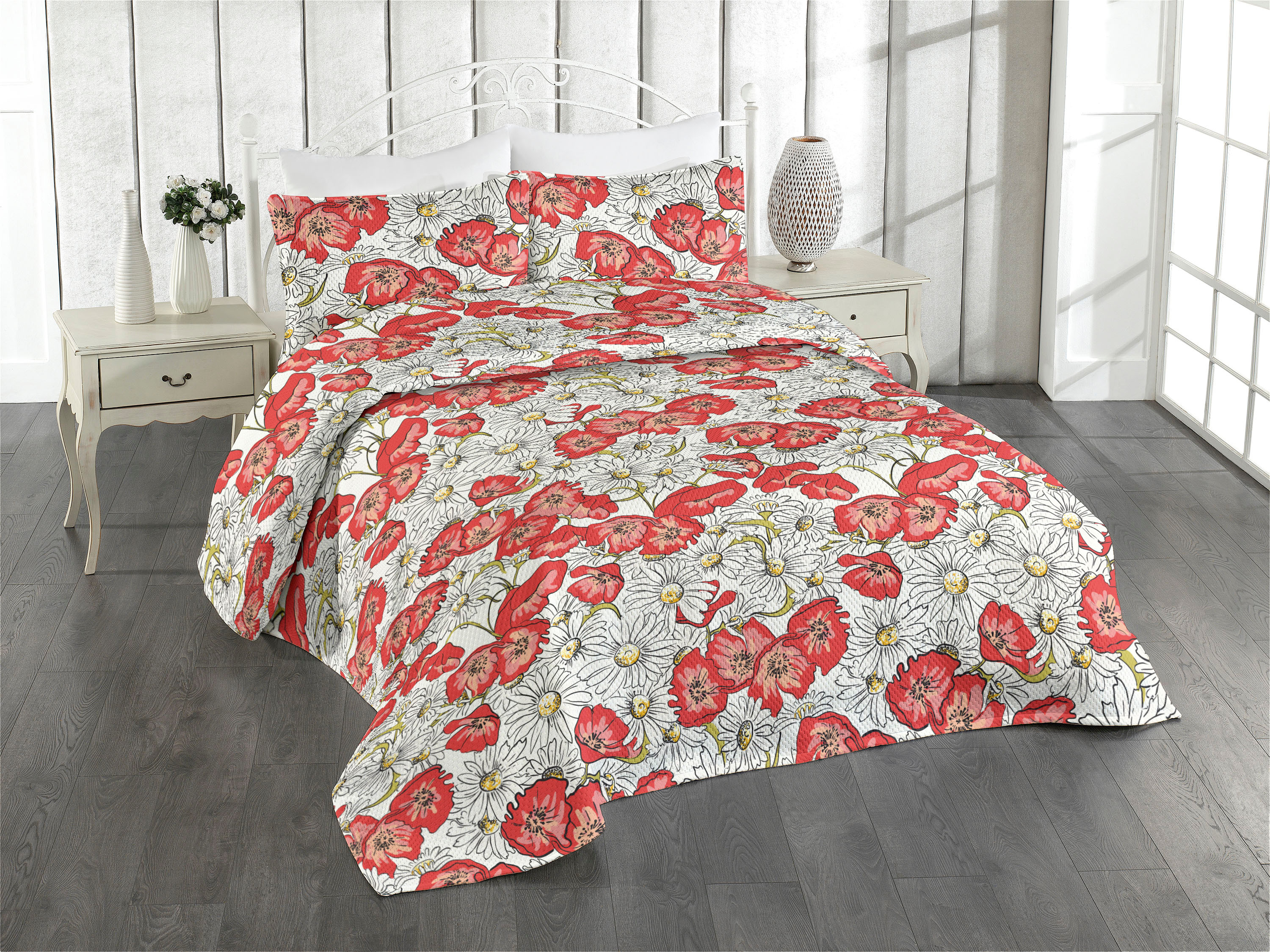 Ambesonne Retro Quilted Bedspread Set 3 Pcs, Chamomiles and Poppies Art ...