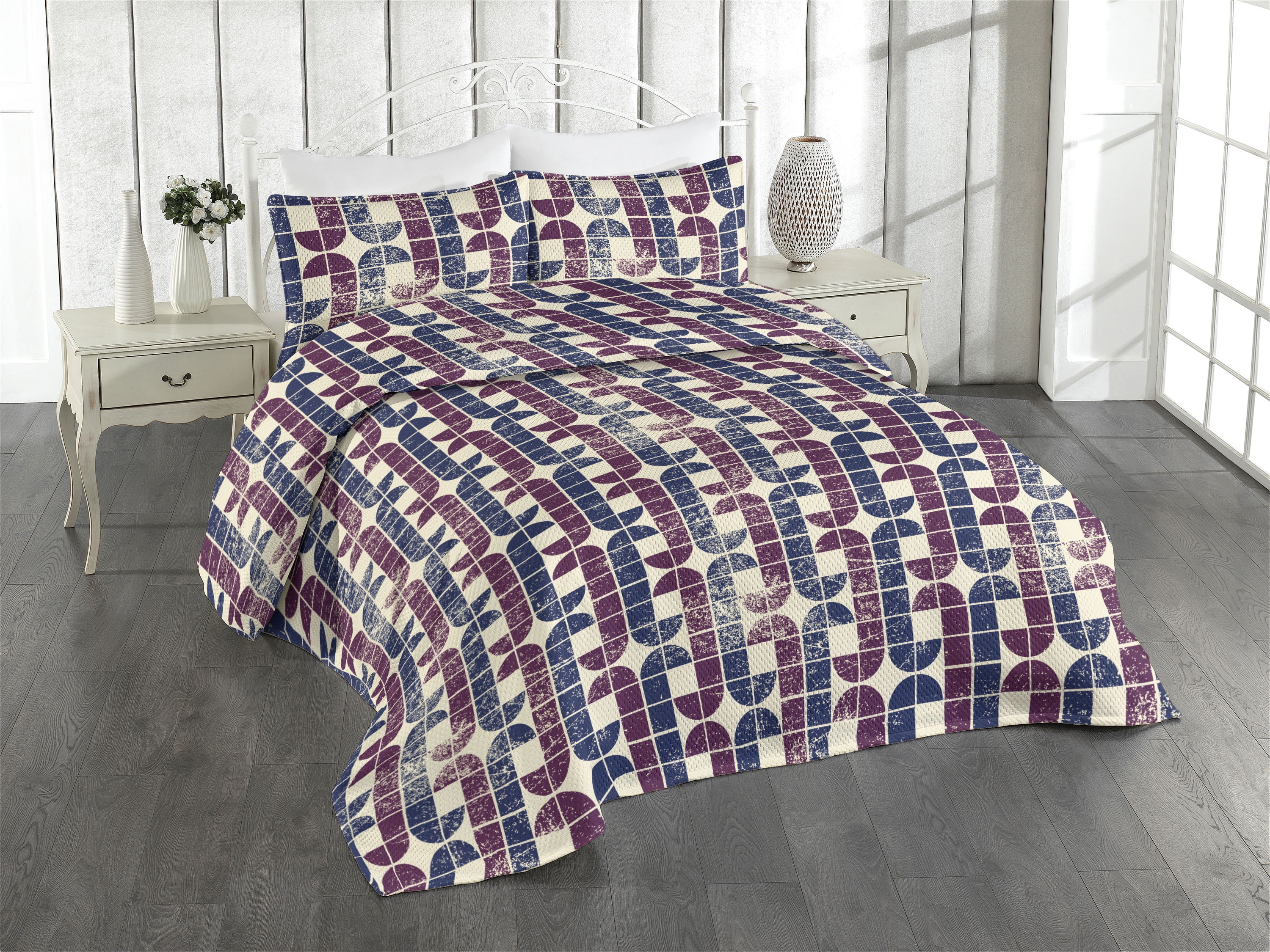 Ambesonne Retro Quilted Bedspread Set 3 Pcs, Geometric Boho Grunge ...