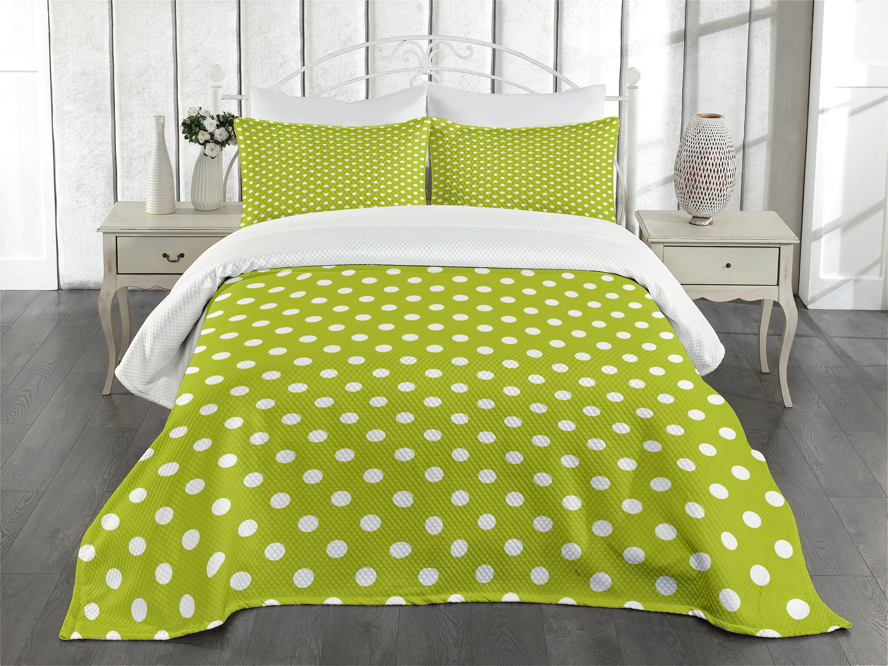Ambesonne Retro Quilted Bedspread Set 3 Pcs, Lime Vintage Polka Dots ...