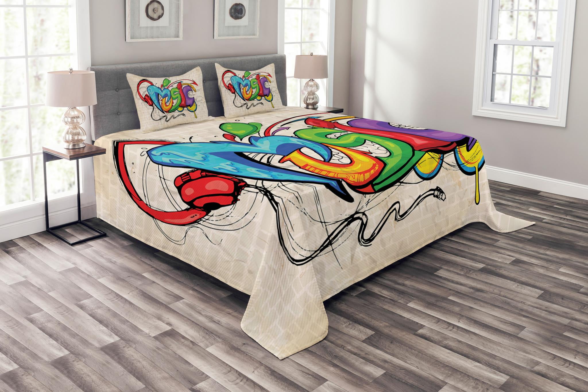 Ambesonne Retro Quilted Bedspread Set 3 Pcs, Music Graffiti Hip Hop ...