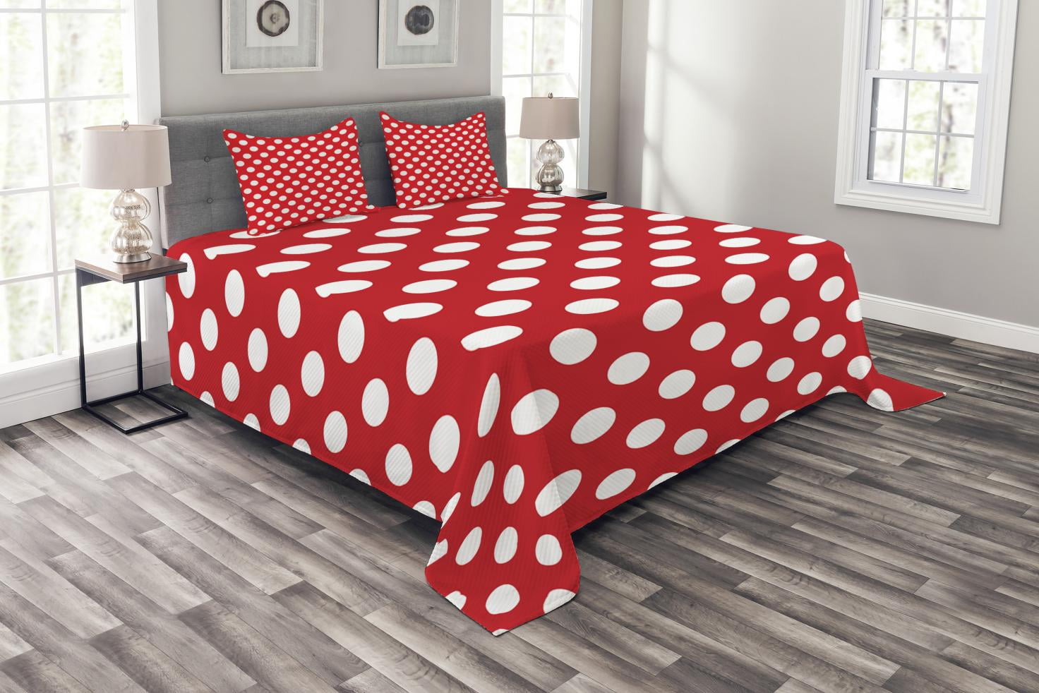 Ambesonne Retro Quilted Bedspread Set 3 Pcs, Pop Art White Polka Dots ...
