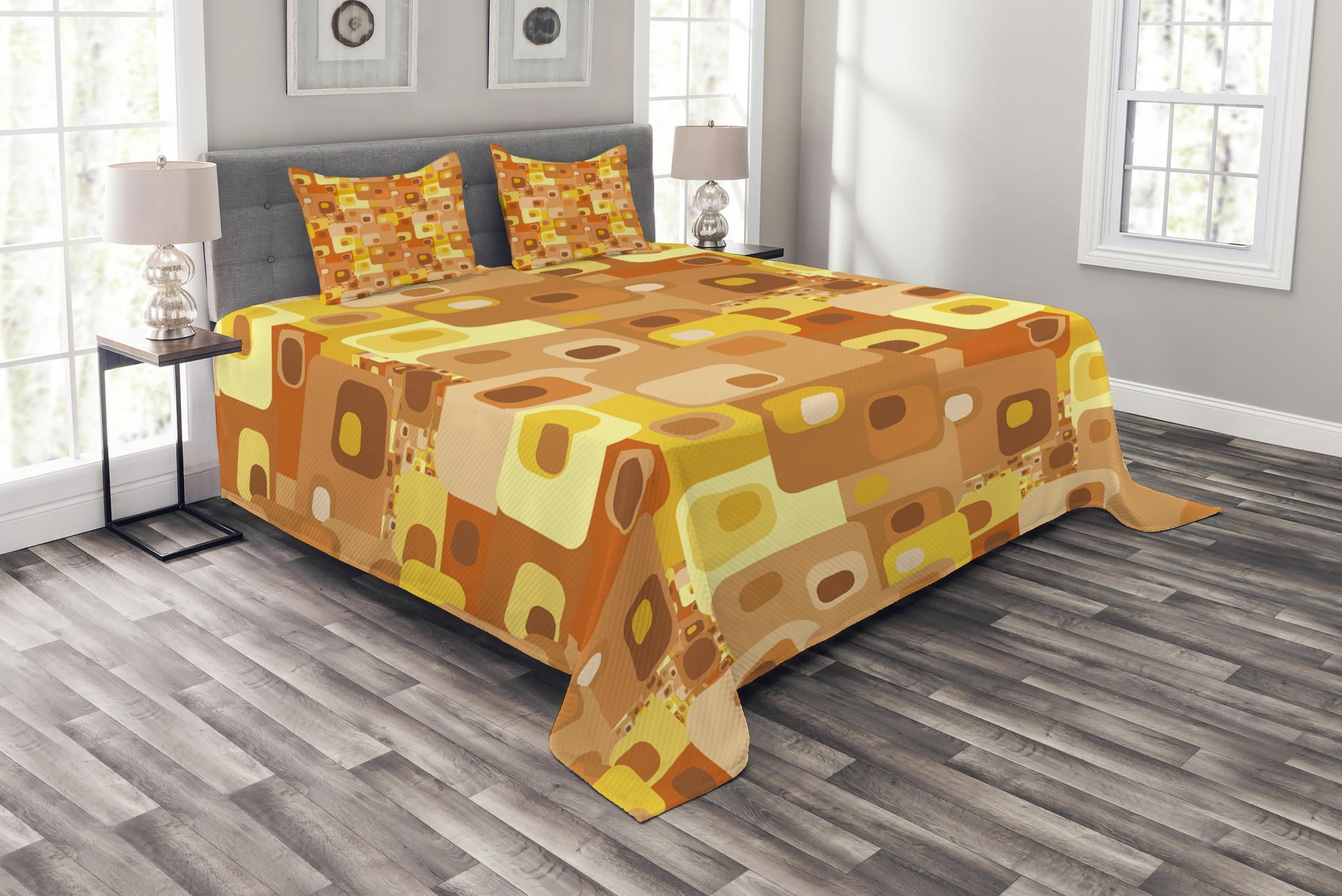 Ambesonne Retro Quilted Bedspread Set 3 Pcs, Rounded Funky Squares ...