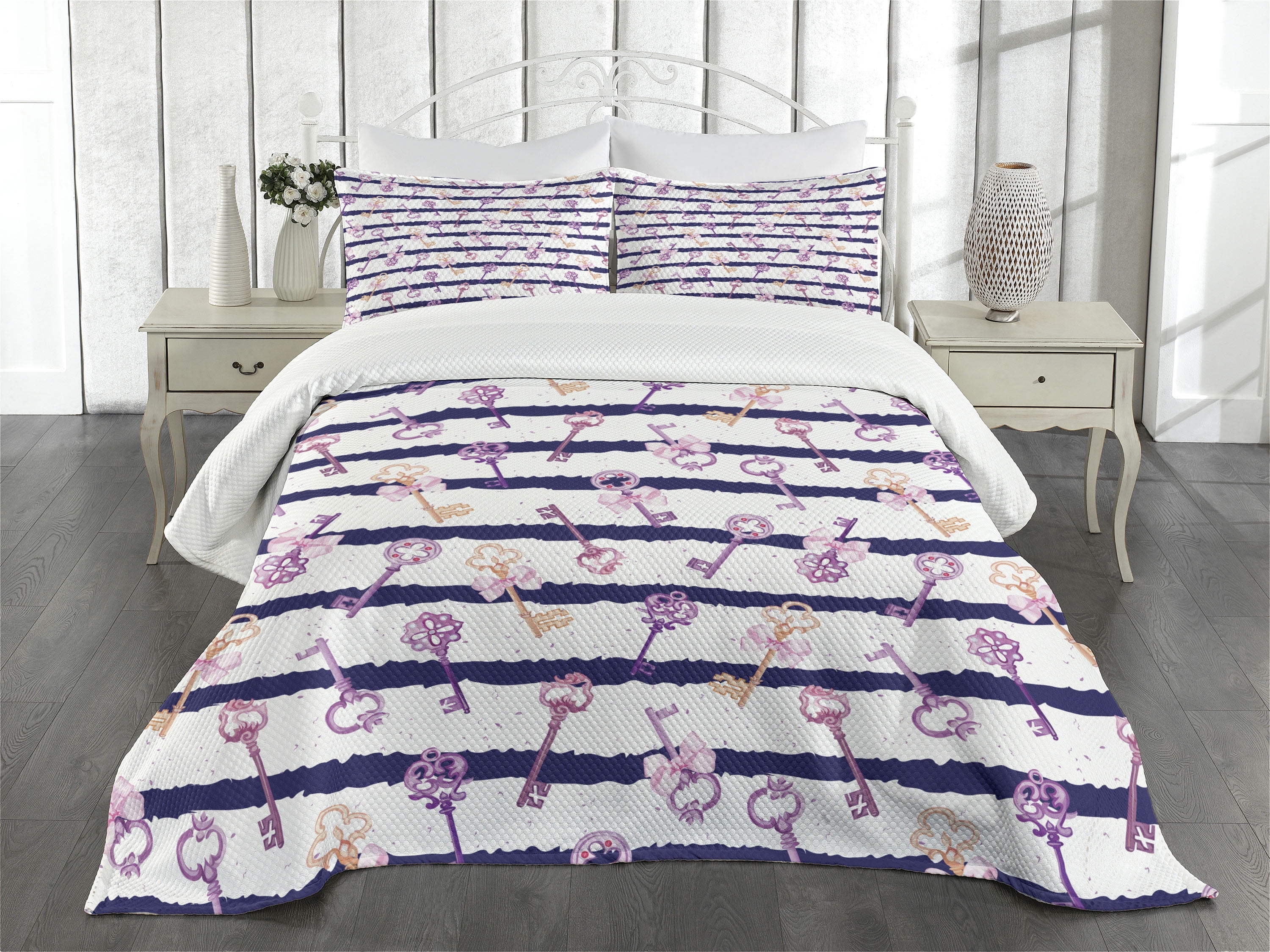 Ambesonne Retro Quilted Bedspread Set 3 Pcs, Vintage Keys and Ribbon ...