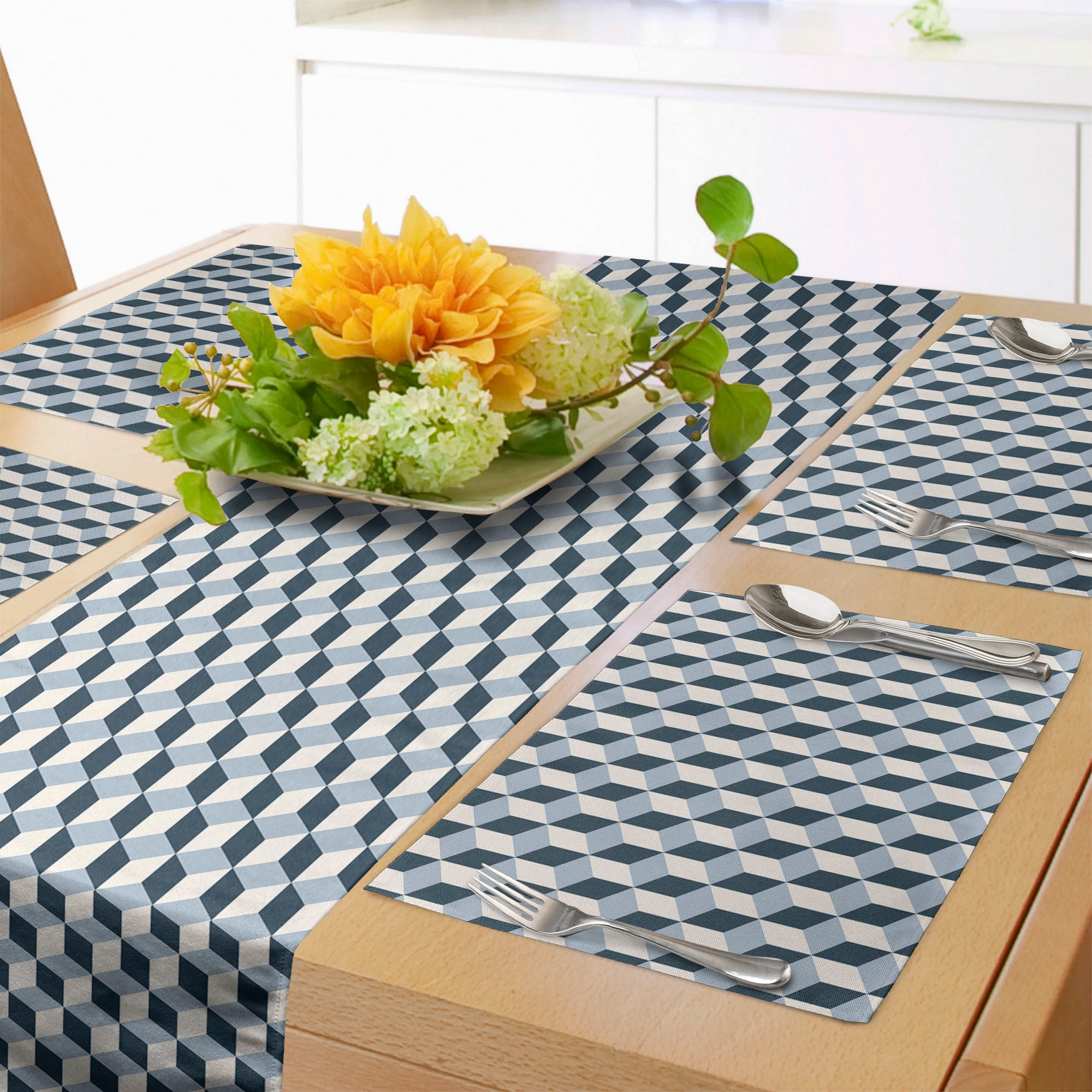 Ambesonne Retro Table Runner & Placemats, Cubes Squares 3D Style ...