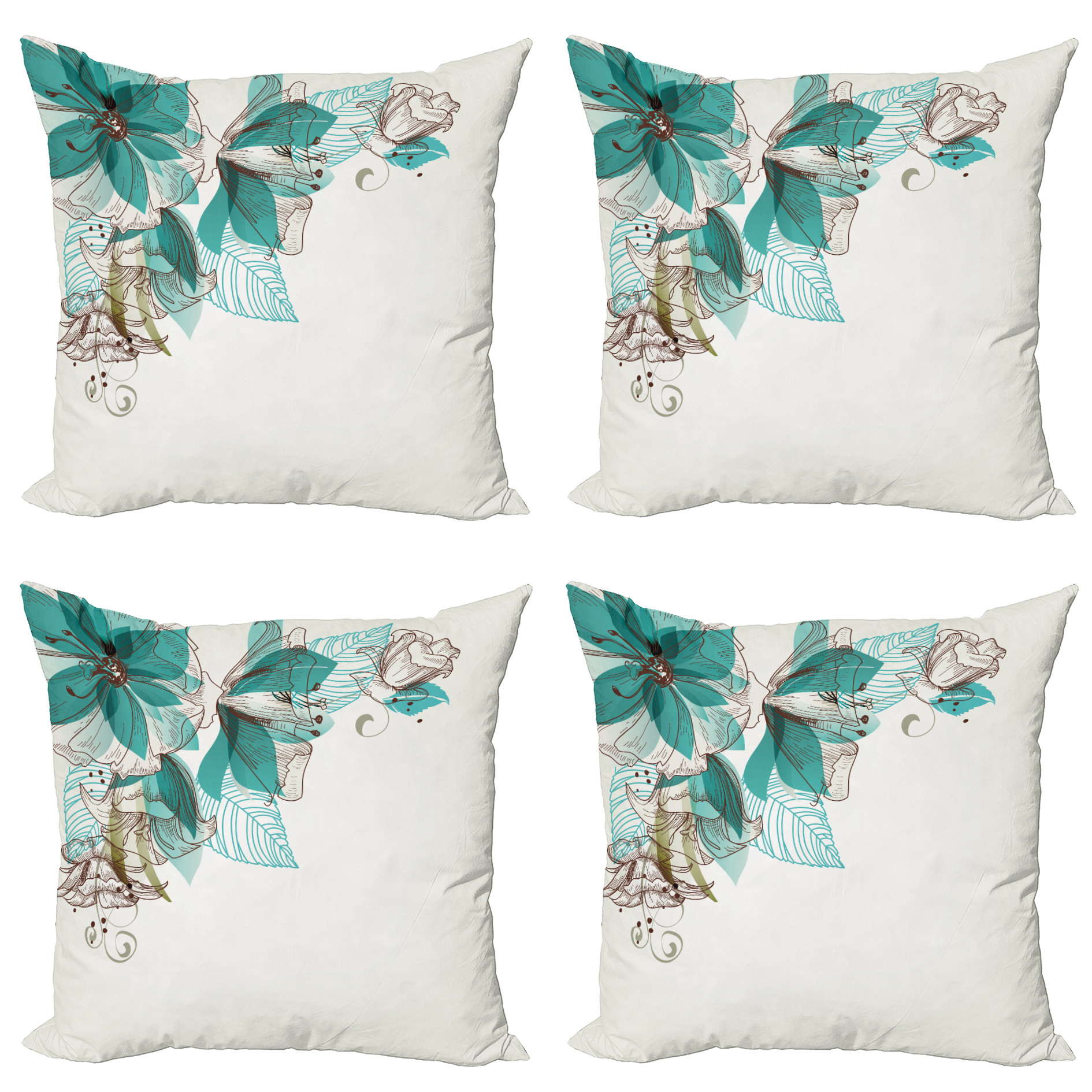 Ambesonne Retro Throw Pillow Cover 4 Pack, Flowers Buds Leaf, 20", Teal ...