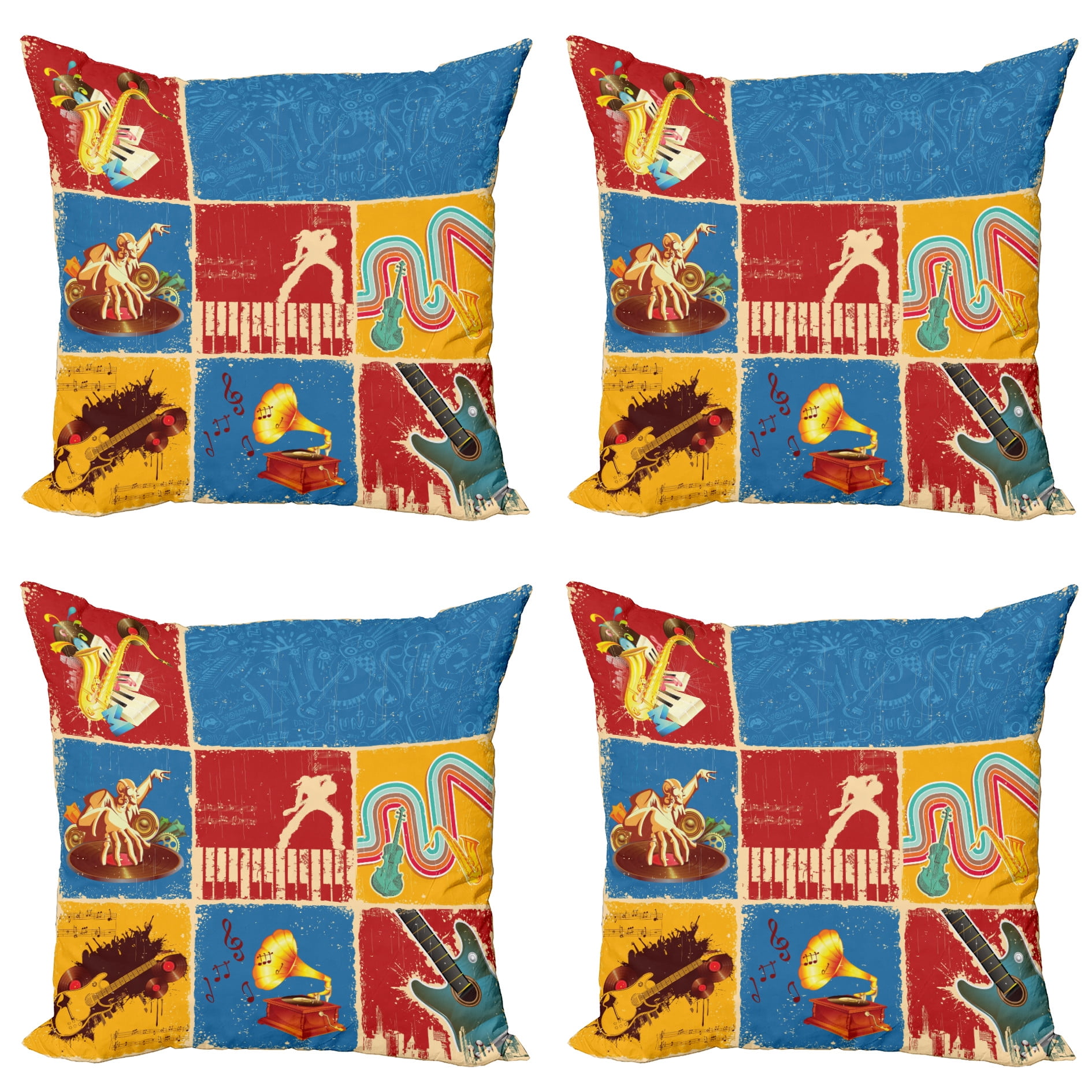 Ambesonne Retro Throw Pillow Cover 4 Pack, Music Jazz Grunge Boho, 20 ...
