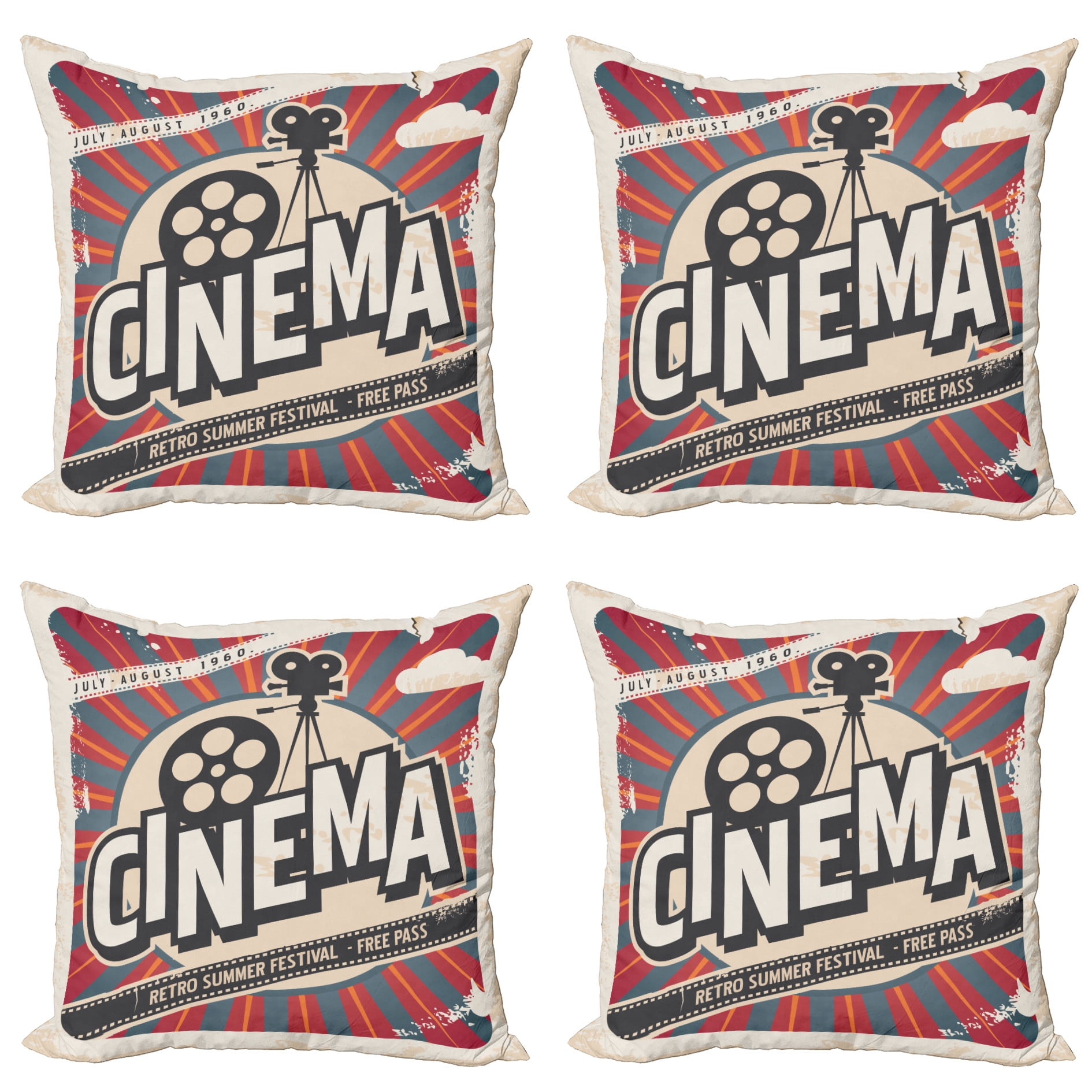 Ambesonne Retro Throw Pillow Cover 4 Pack, Vintage Cinema Movie Star ...