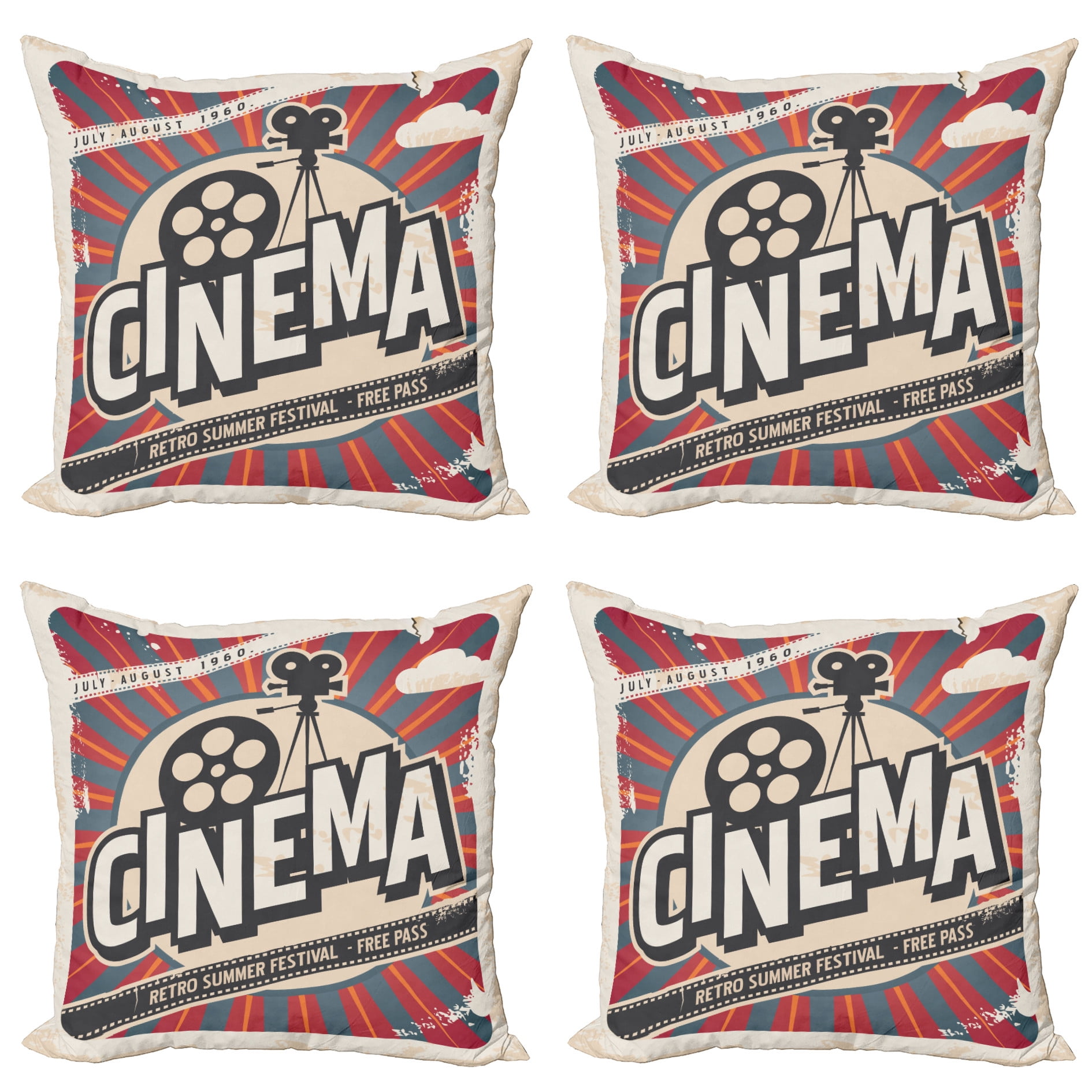 Ambesonne Retro Throw Pillow Cover 4 Pack, Vintage Cinema Movie Star ...
