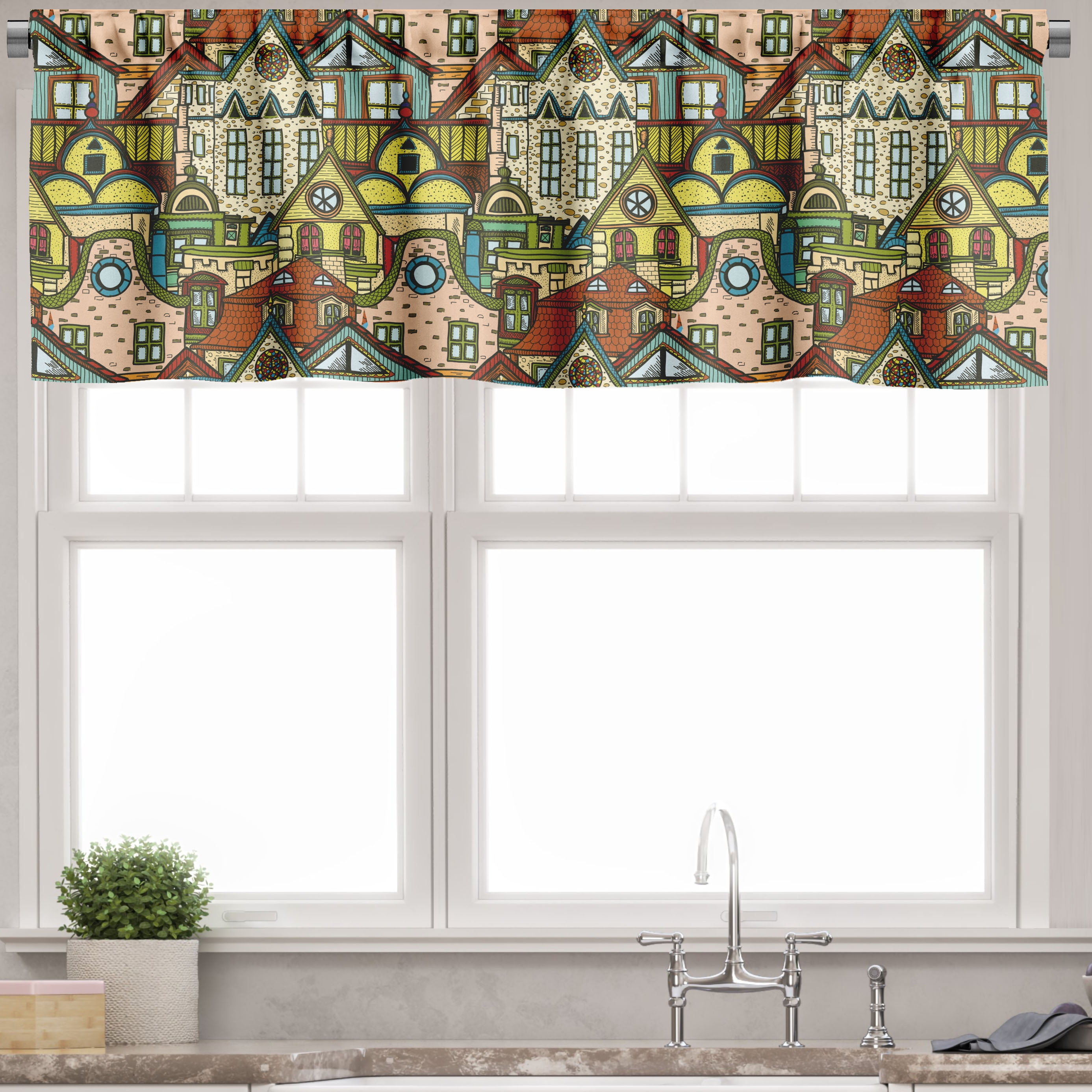 Ambesonne Retro Valance Pack of 2, Old City Colorful Town, 54"X18 ...