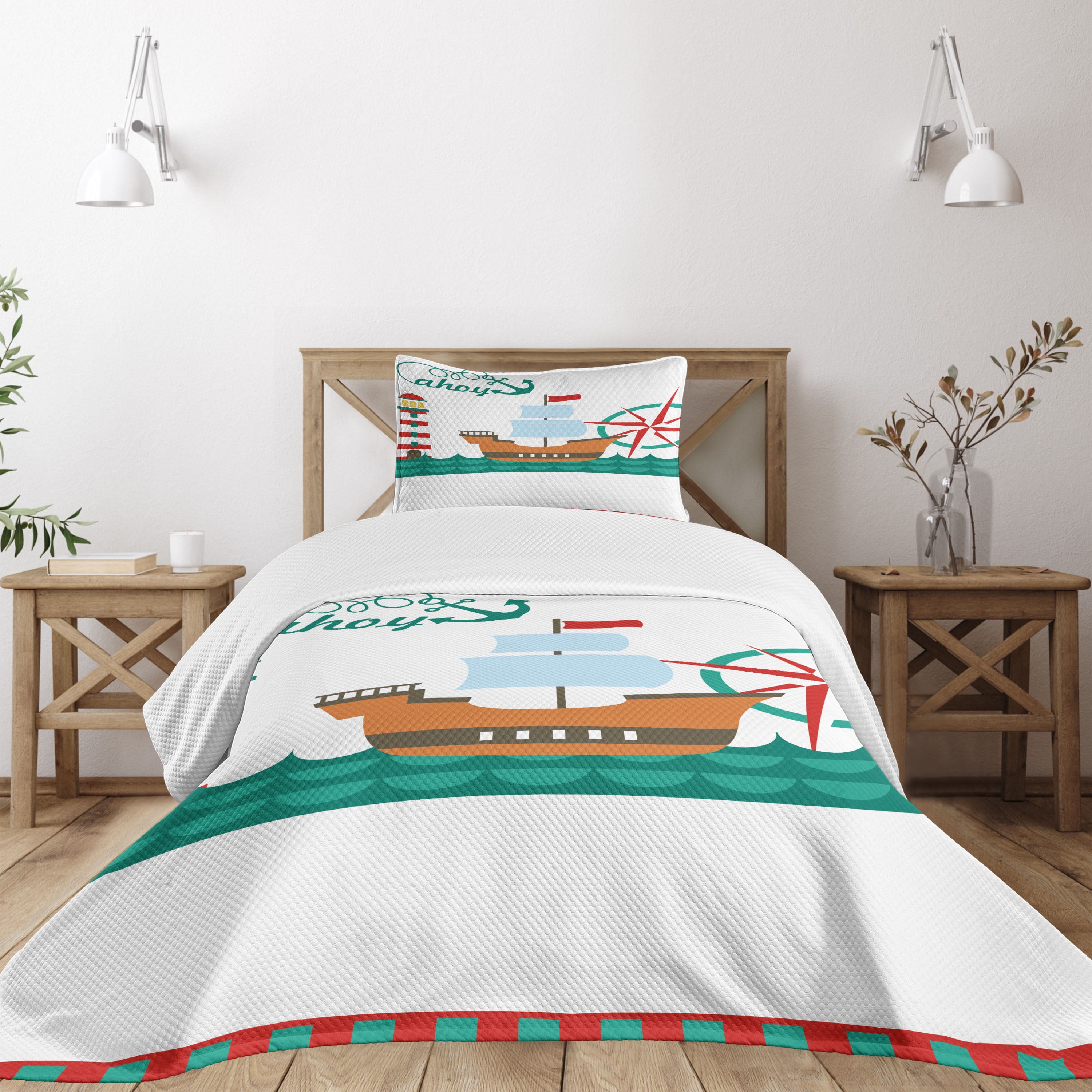 Ambesonne Reveal Party Quilted Bedspread Set 2 Pcs, Boat Ahoy Compass ...