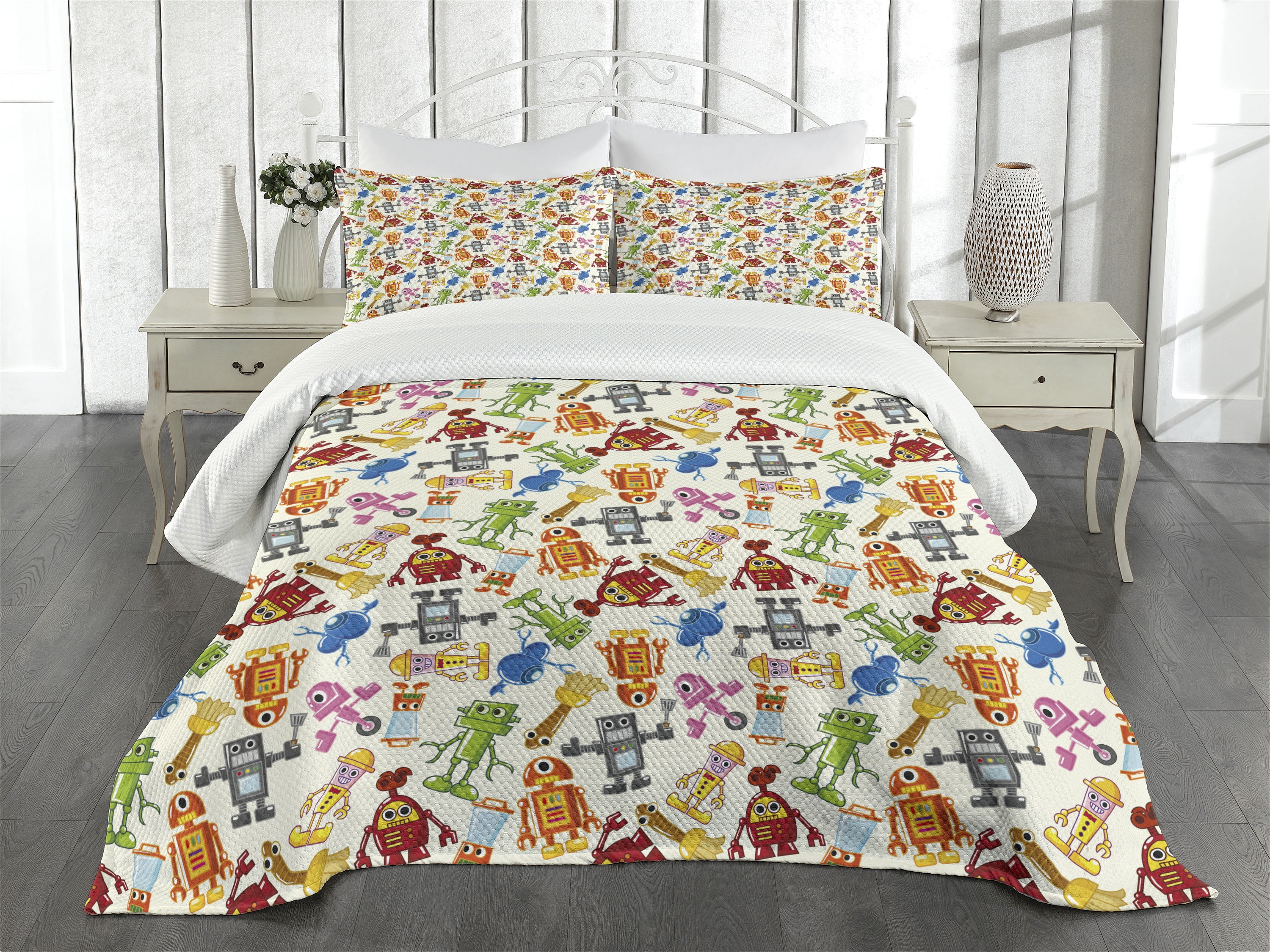 Ambesonne Robot Quilted Bedspread Set 3 Pcs, Boys Cartoon Robot Science ...