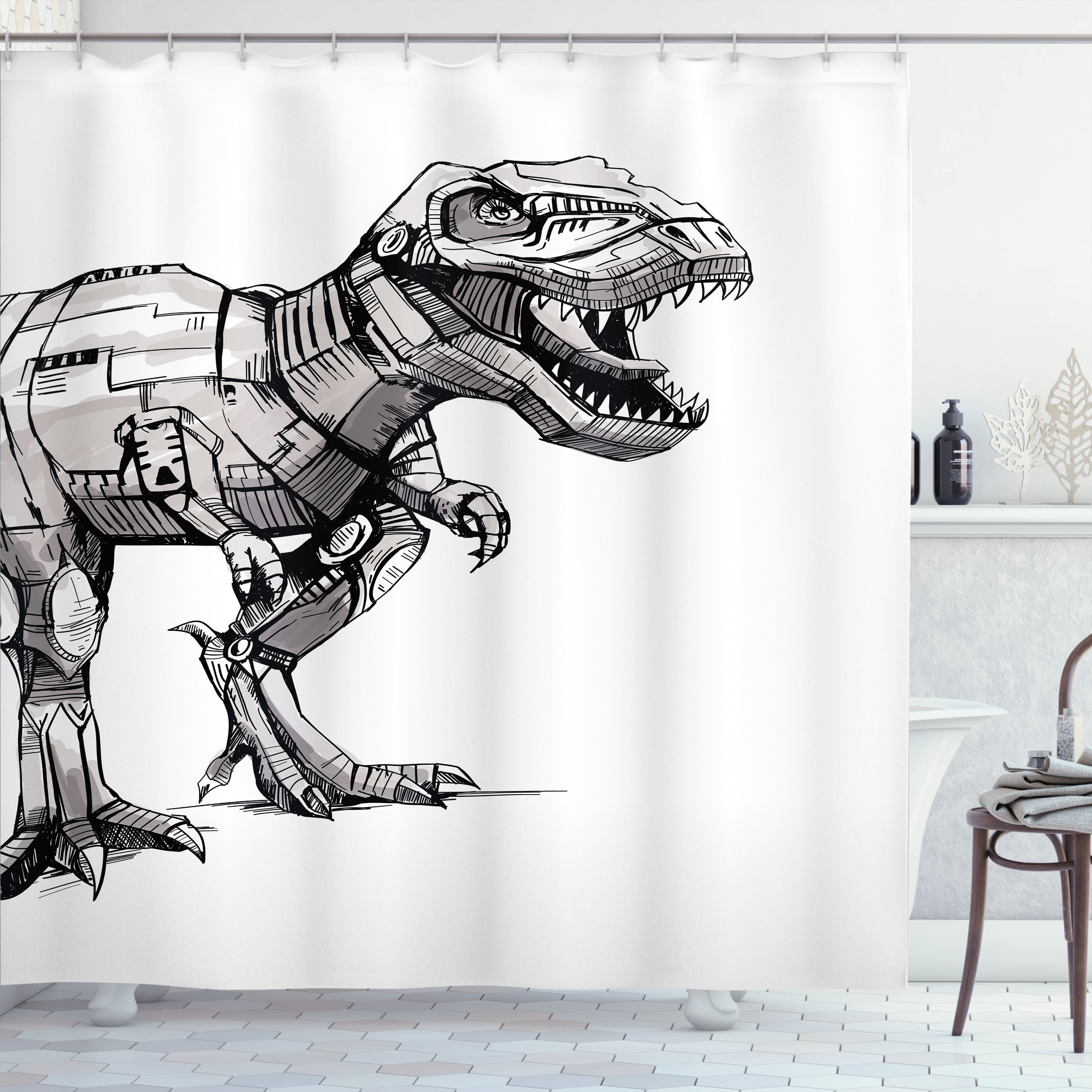 Ambesonne Robot Shower Curtain, Angry-Looking Mechanic Dino, 69"Wx84"L ...