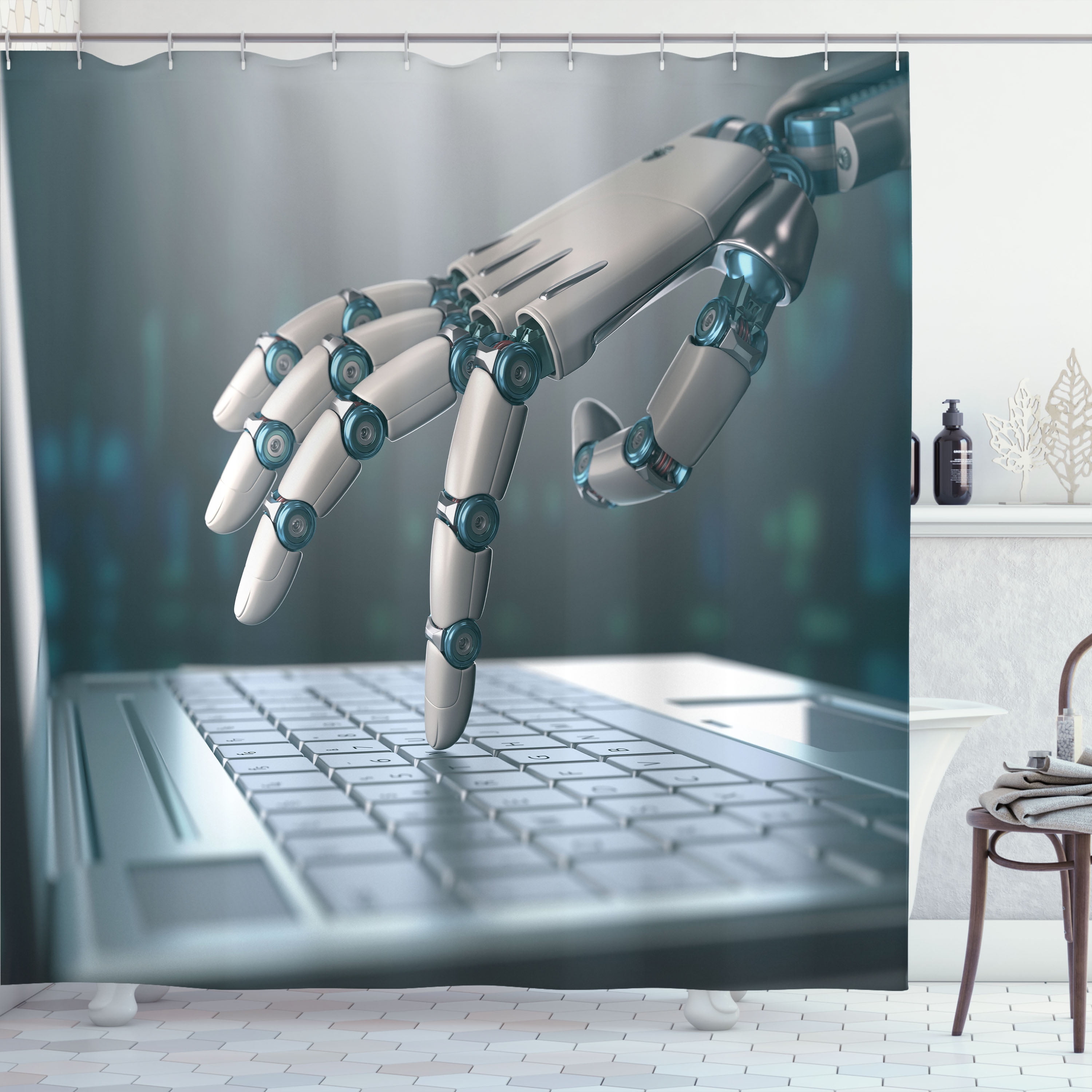 Ambesonne Robot Shower Curtain, Cyborg Hand on Laptop Art, 69"Wx84"L ...
