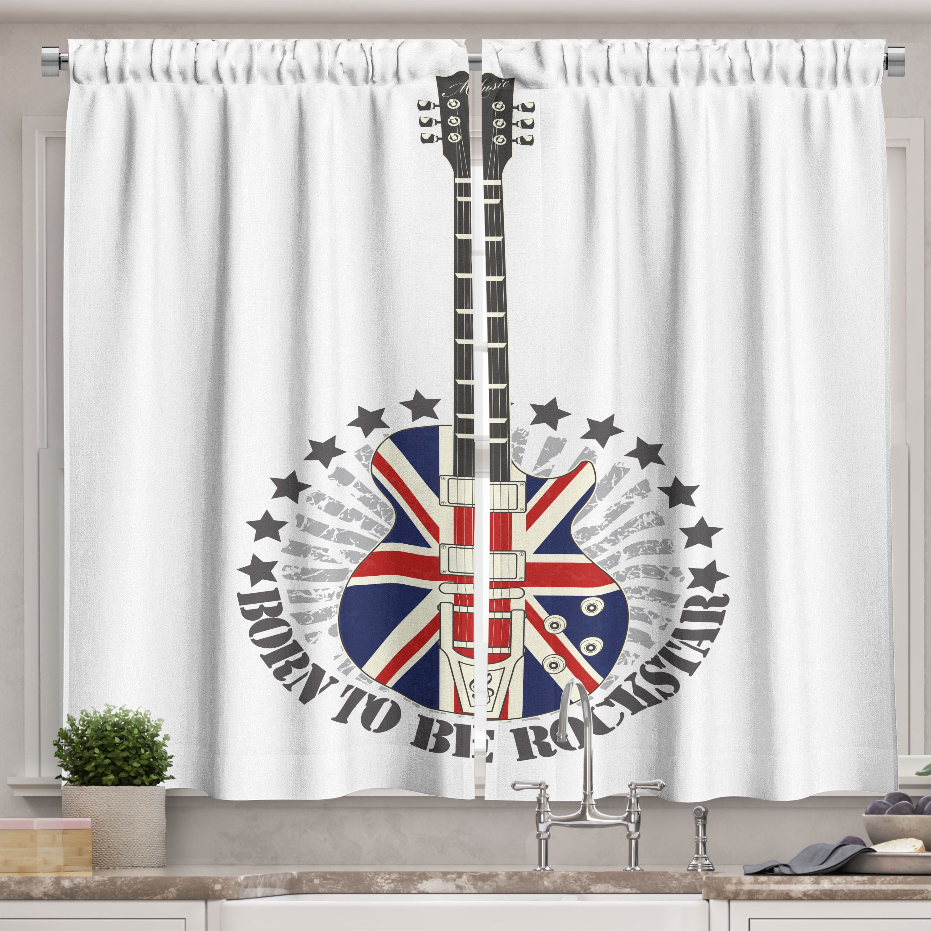 Ambesonne Rock Music Kitchen Curtains, England Flag Guitar, 55"x39 ...