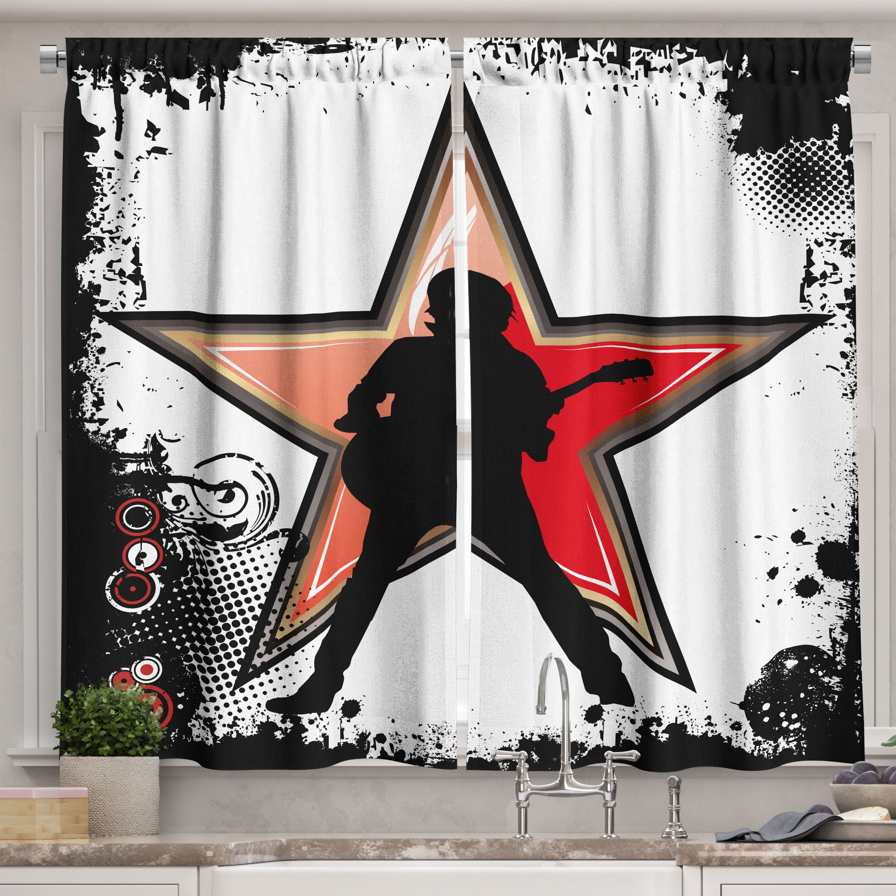 Ambesonne Rock Music Kitchen Curtains Guitar Player Star 55x39