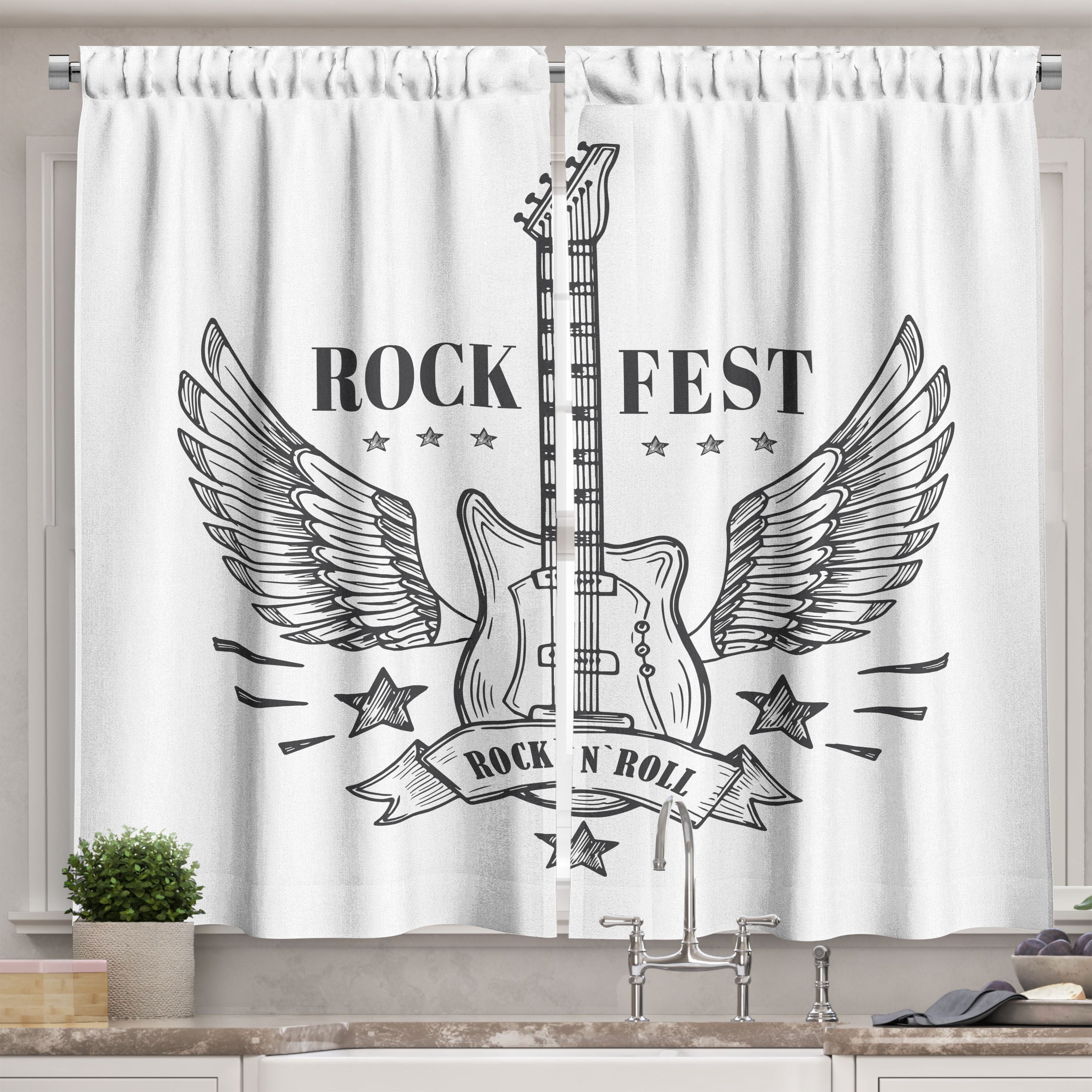 Ambesonne Rock and Roll Kitchen Curtains, Rock Festival Design, 55"x39 ...