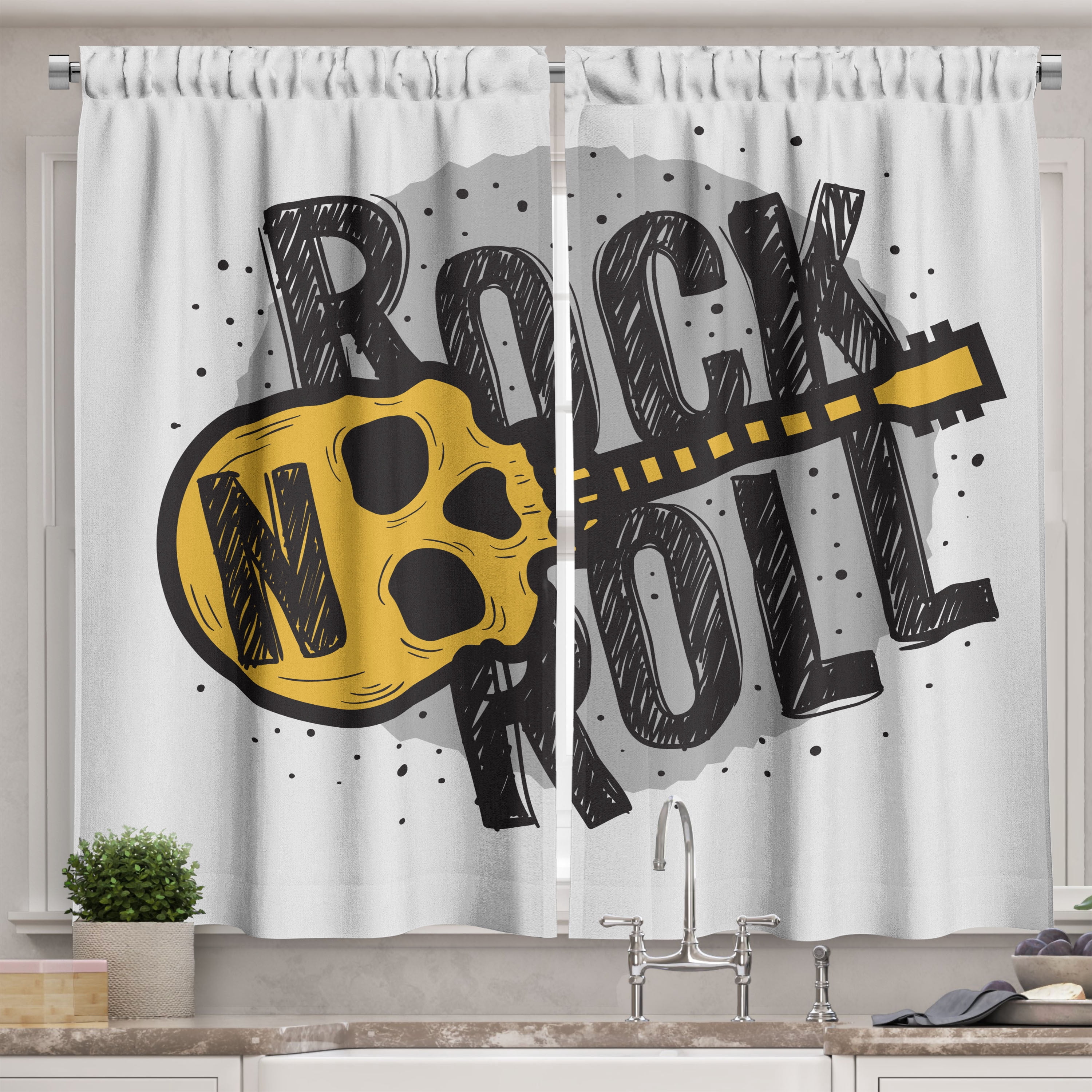 Ambesonne Rock and Roll Kitchen Curtains, Skull Shaped Guitar, 55"x39 ...