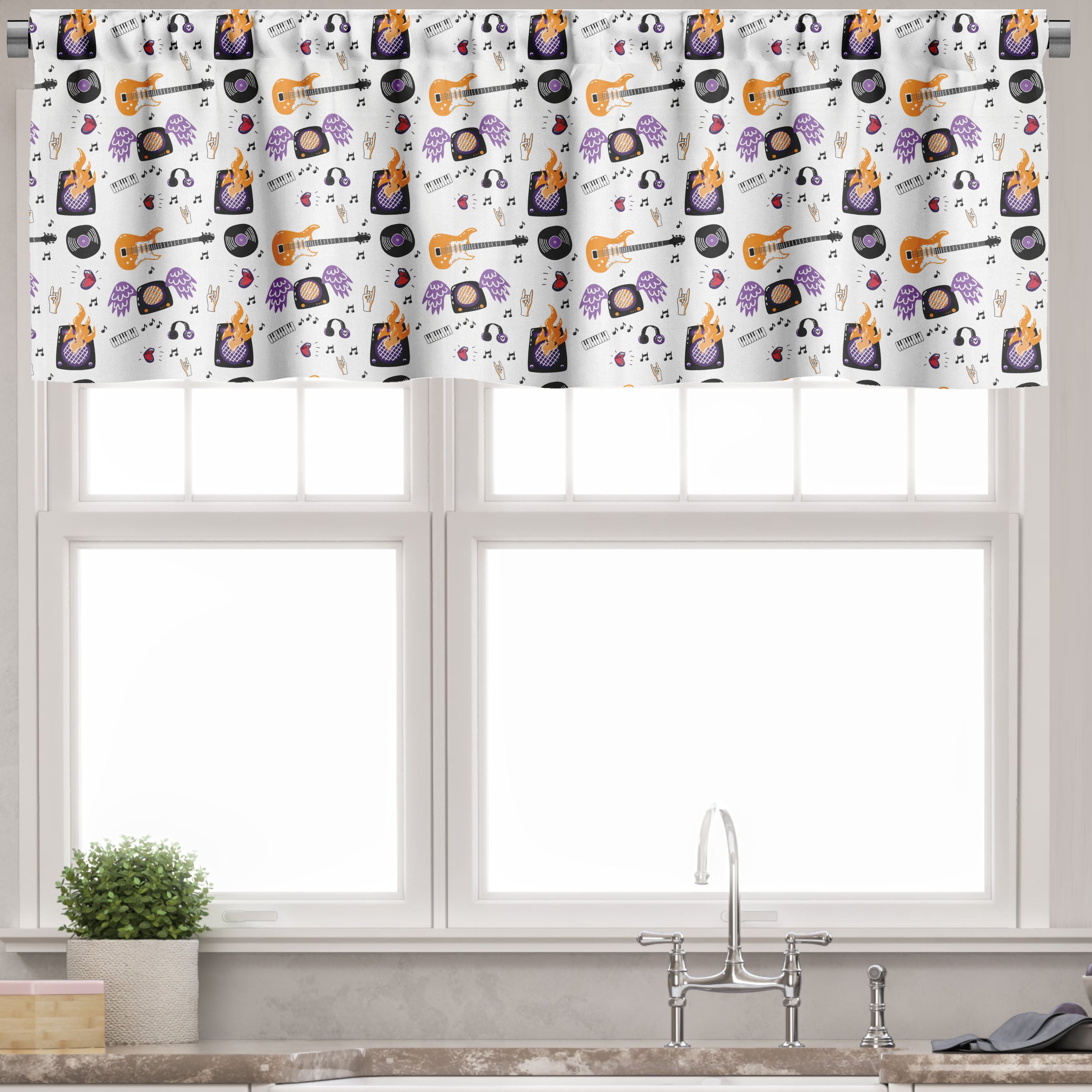 Ambesonne Rock and Roll Valance Pack of 2, Repeating Music, 54"X12 ...