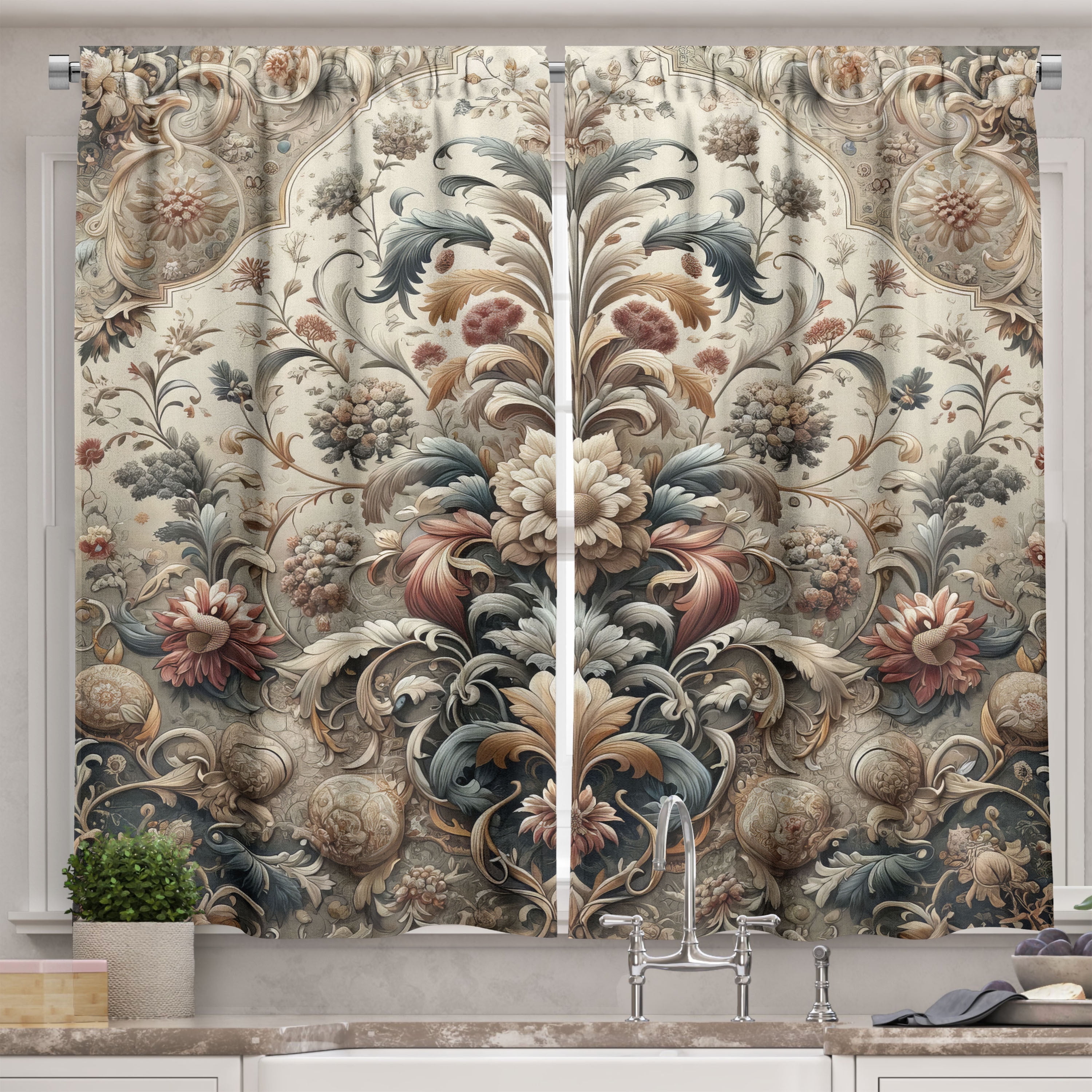 Ambesonne Rococo Kitchen Curtains, Palatial Flowers Posh Ethnic, 55"x39 ...