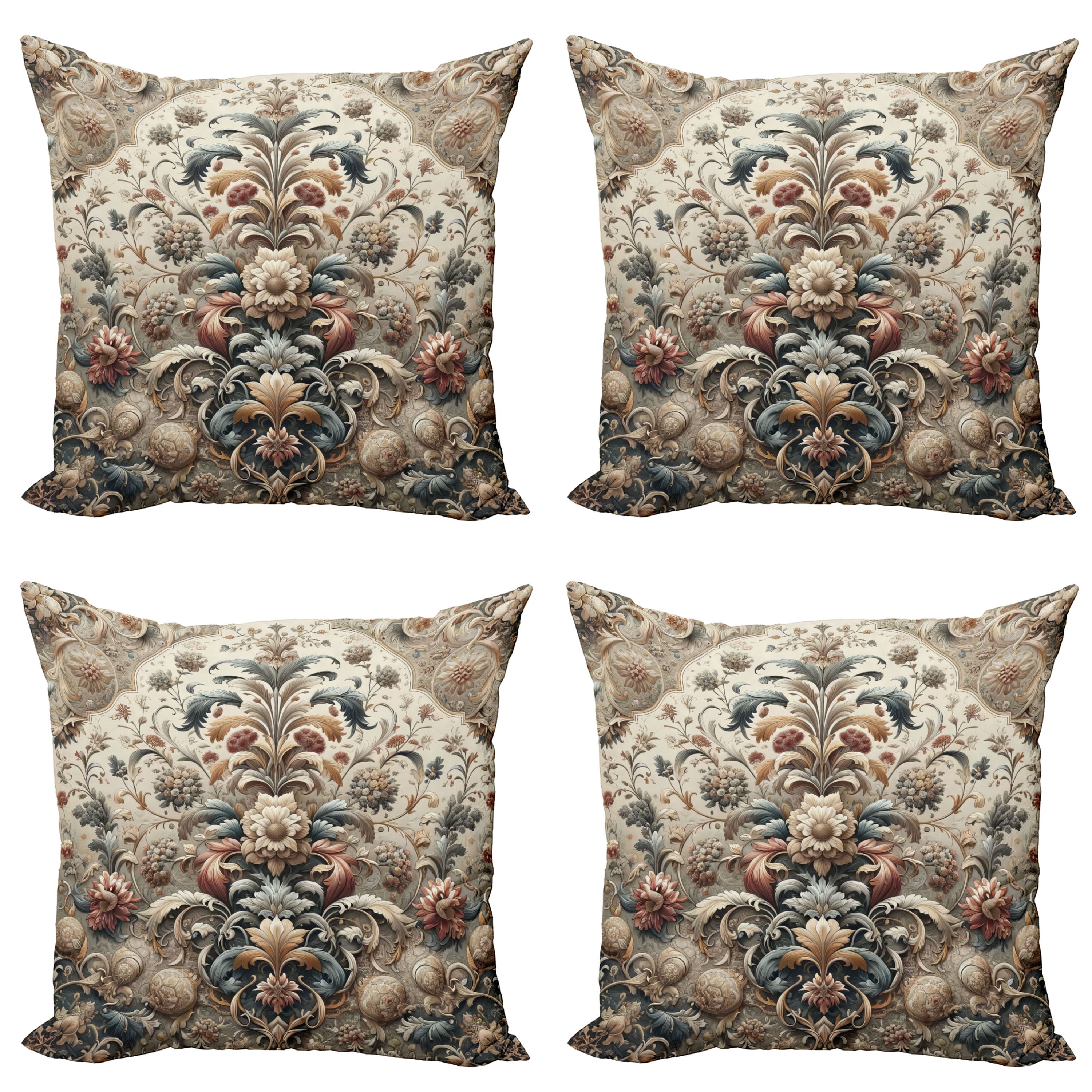 Ambesonne Rococo Throw Pillow Cover 4 Pack, Palatial Flowers Posh ...