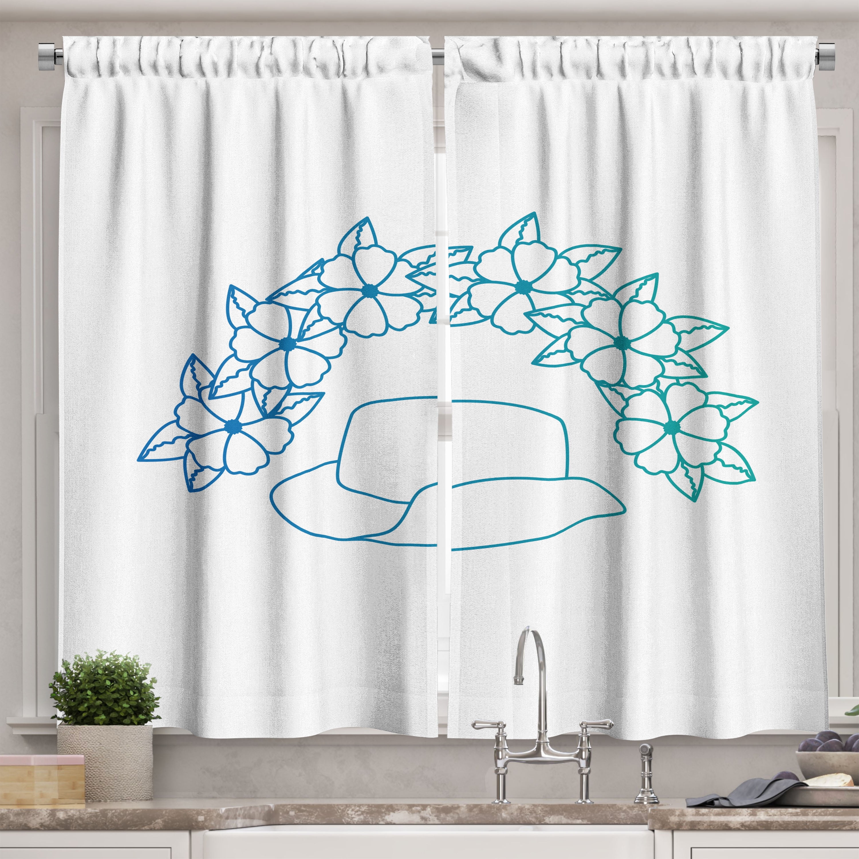 Ambesonne Rodeo Kitchen Curtains, Cowboy Hat and Flower Wreath, 55"x45 ...