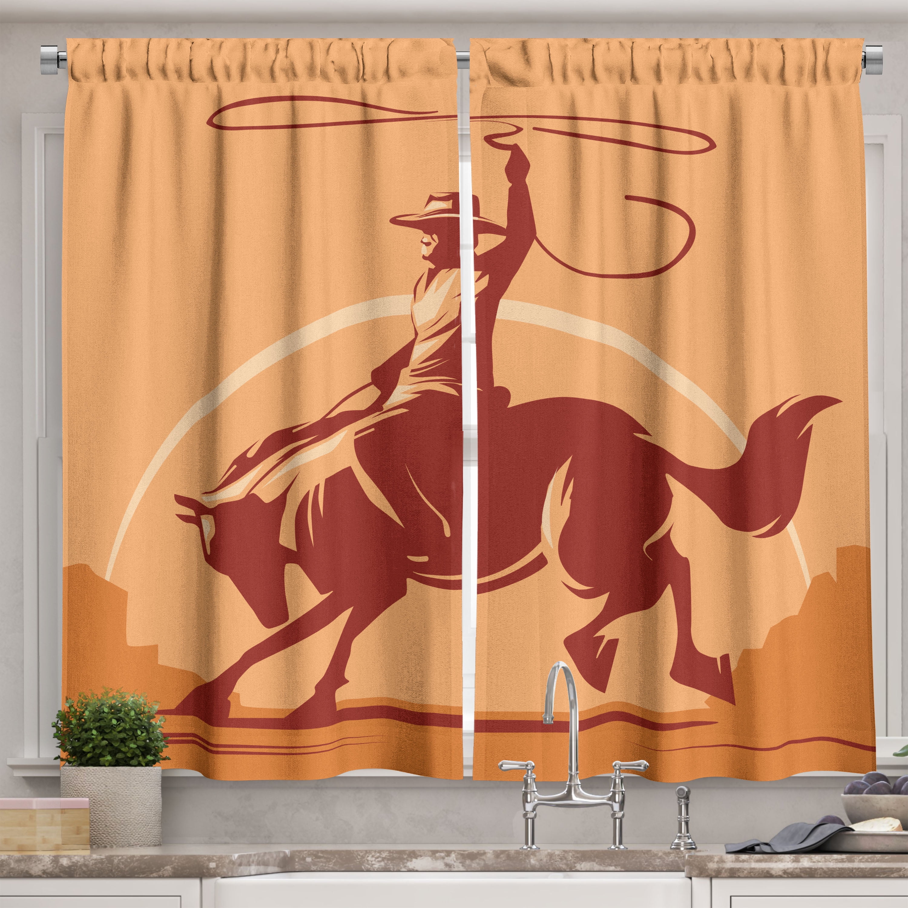 Ambesonne Rodeo Kitchen Curtains, Cowboy Tie-Down Bull, 55"x45", Dark ...