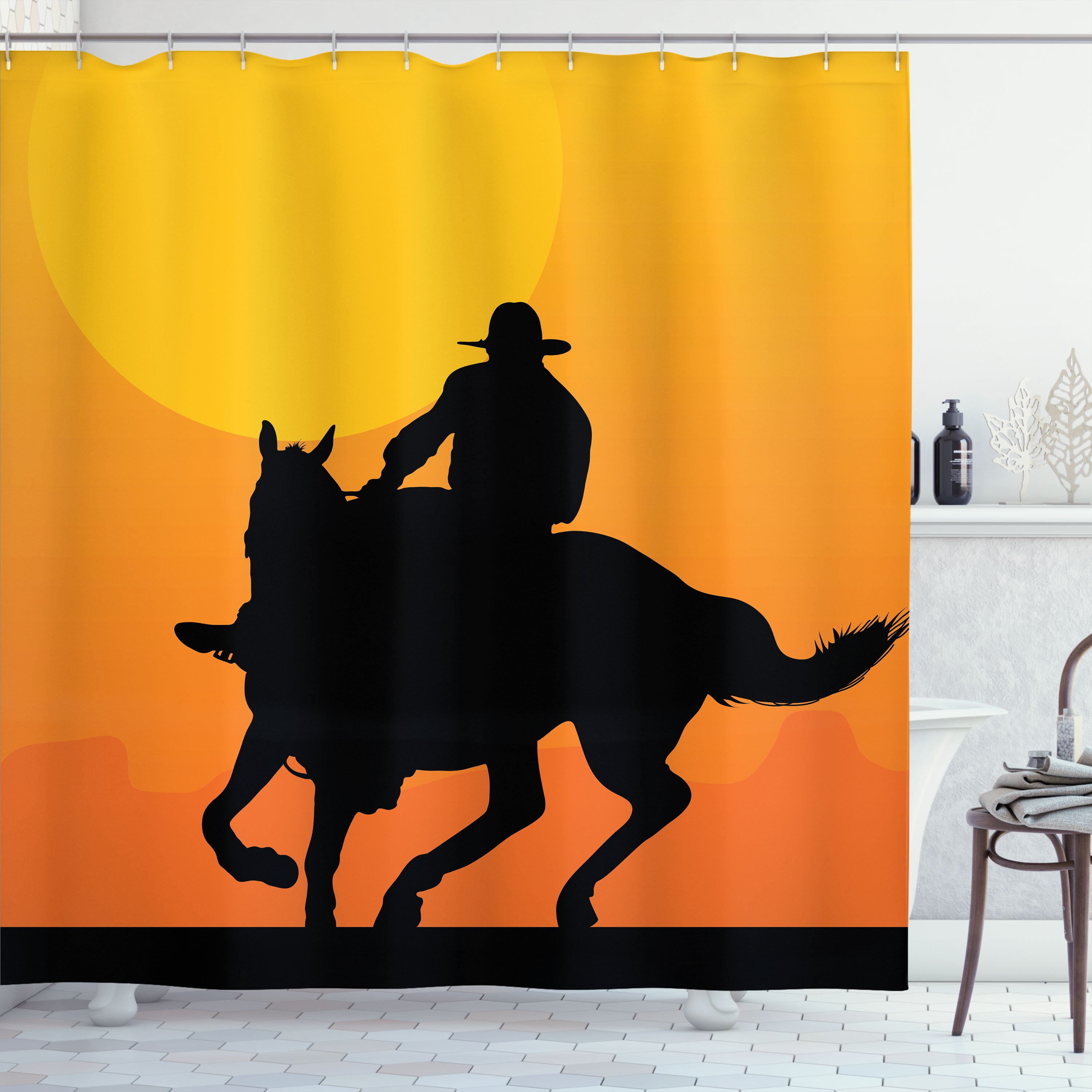 Ambesonne Rodeo Shower Curtain, Silhouette of a Lone Rider, 69"Wx70"L ...