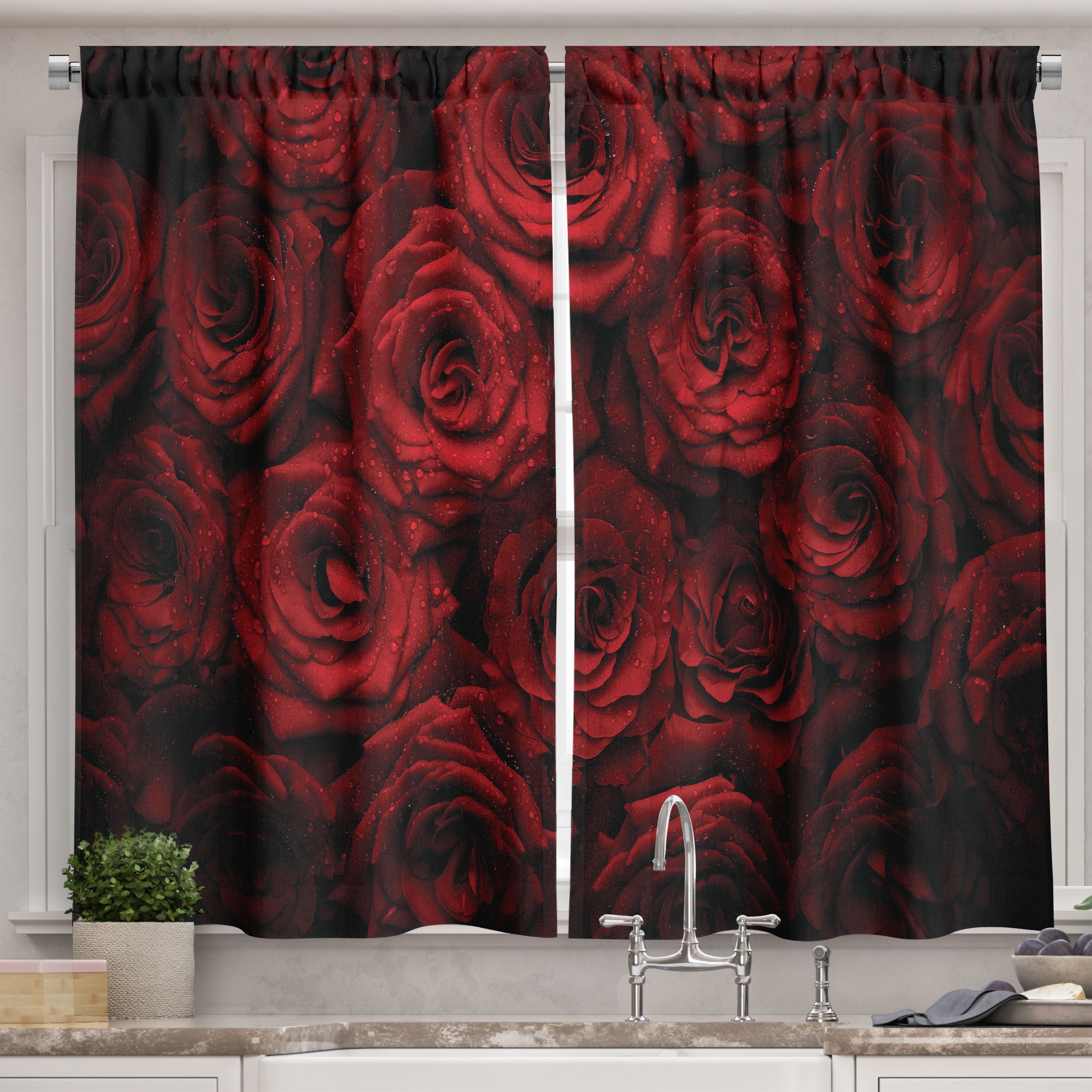 Ambesonne Romance Kitchen Curtains, Drops of Blooming Bouquet, 55"x39 ...