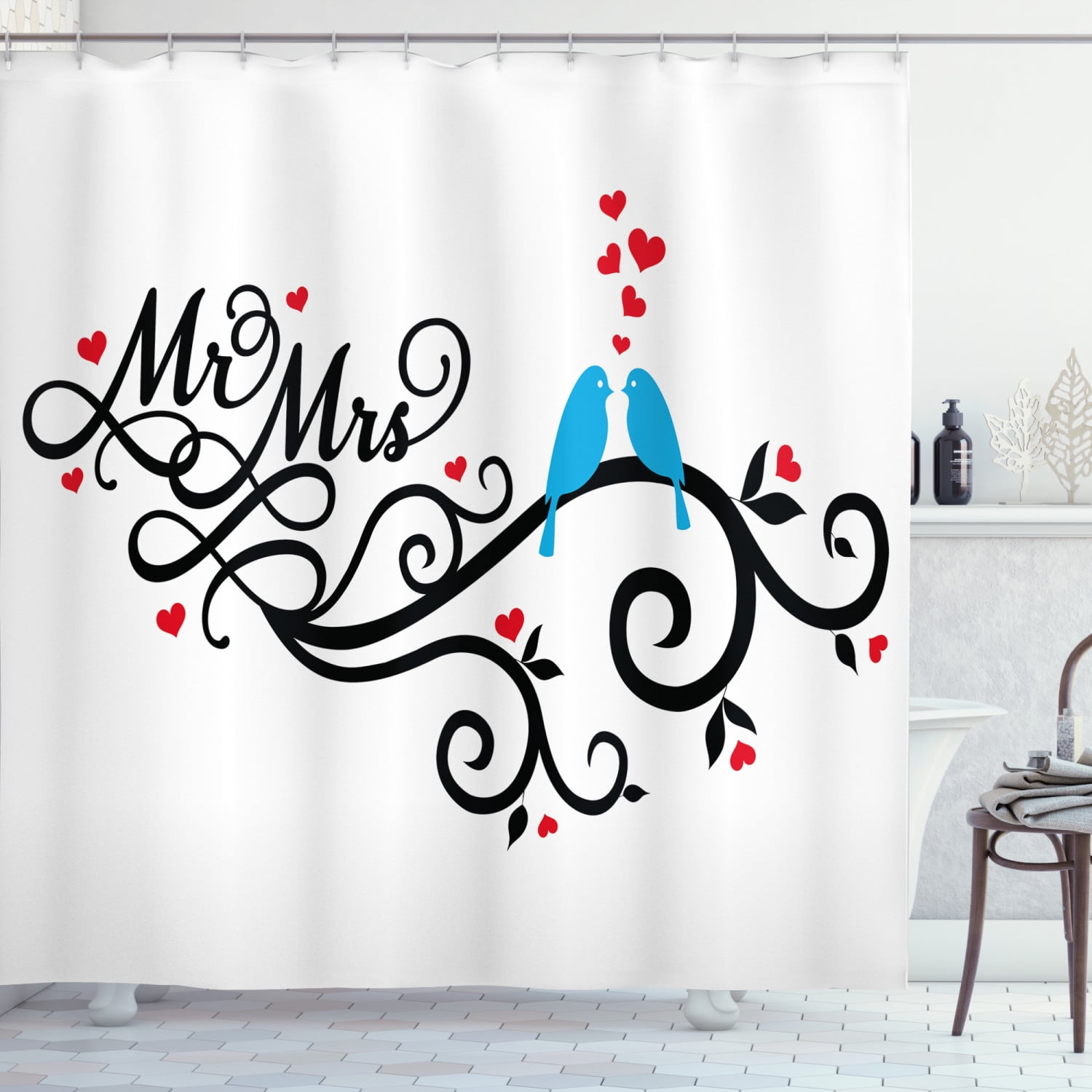 Ambesonne Romance Shower Curtain, Mr. Mrs. Birds Branch, 69"Wx75"L, Red ...