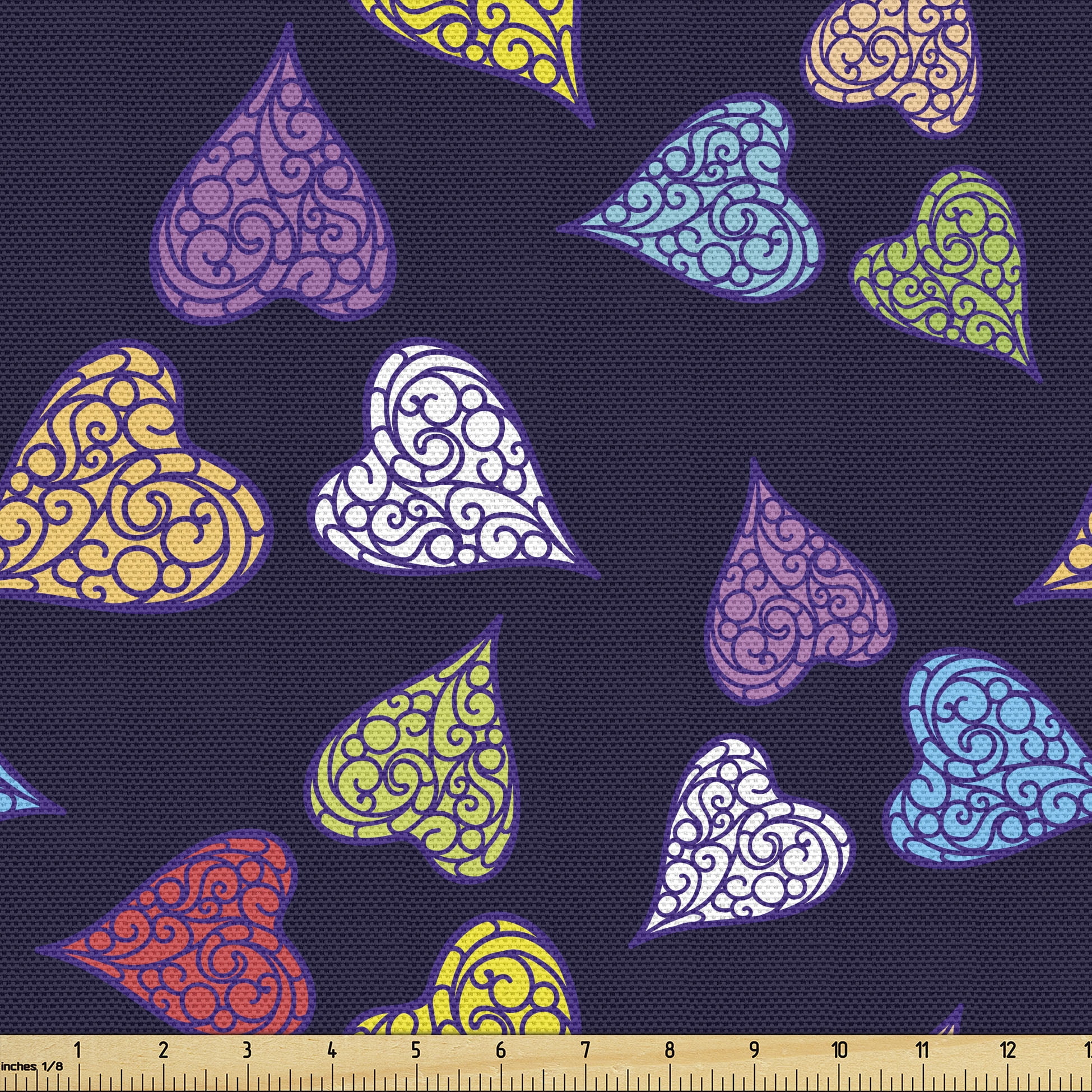 Ambesonne Romantic Fabric by the Yard Upholstery, Hearts Swirling Lines ...