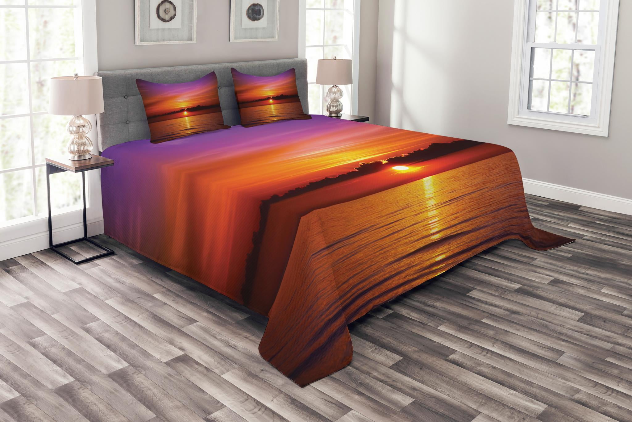Ambesonne Romantic Quilted Bedspread Set 3 Pcs, Colorful Beach Sunset ...