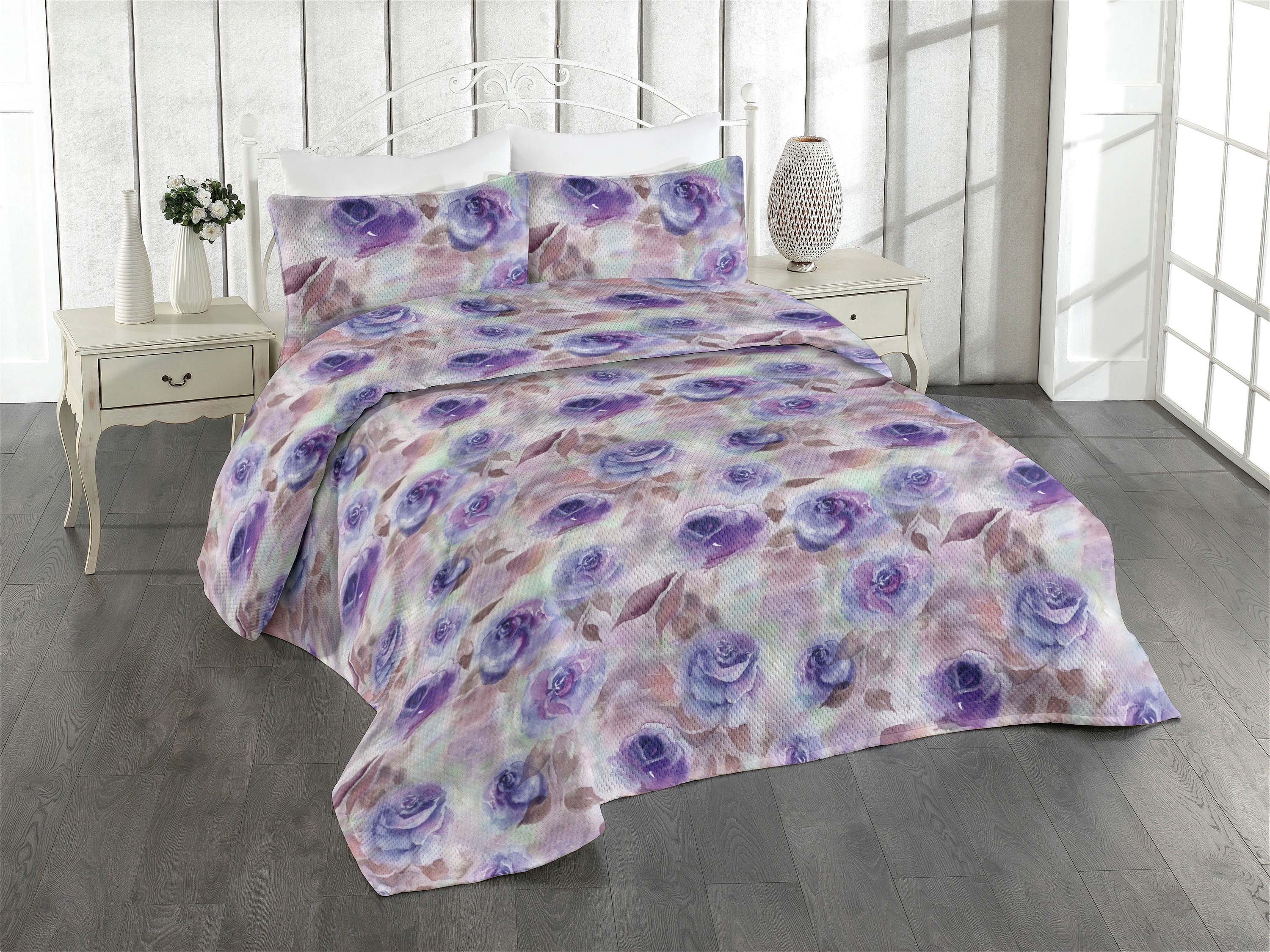 Ambesonne Romantic Quilted Bedspread Set 3 Pcs, Floral Roses Cold Tones ...
