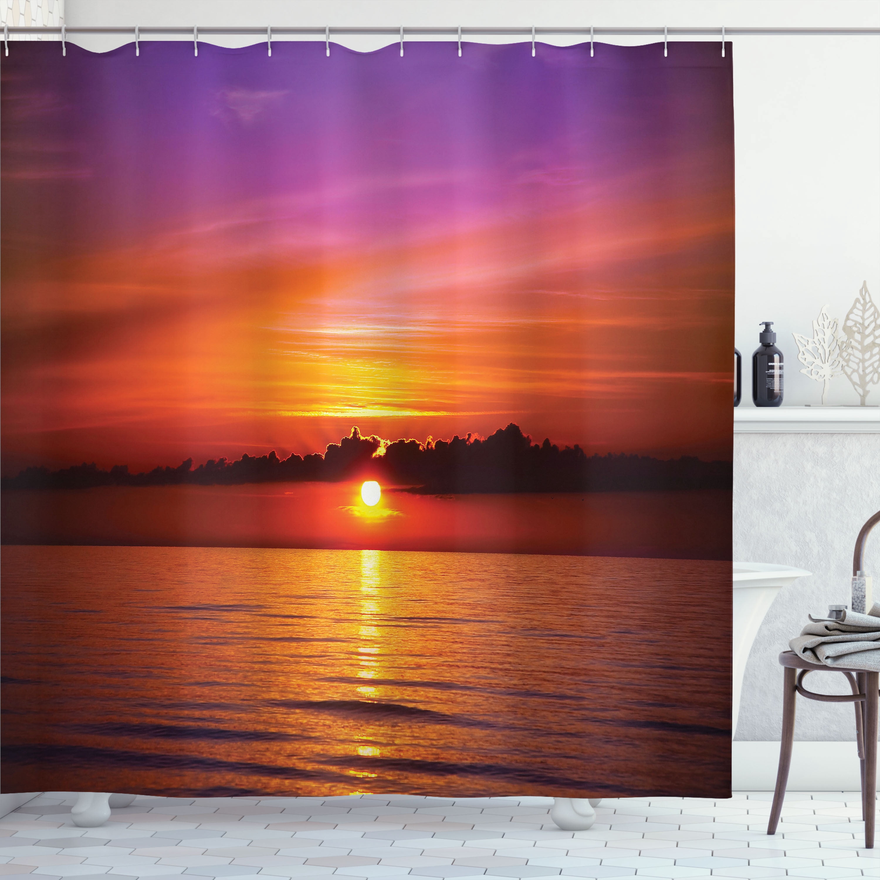 Ambesonne Romantic Shower Curtain, Colorful Beach Sunset, 69"Wx70"L ...