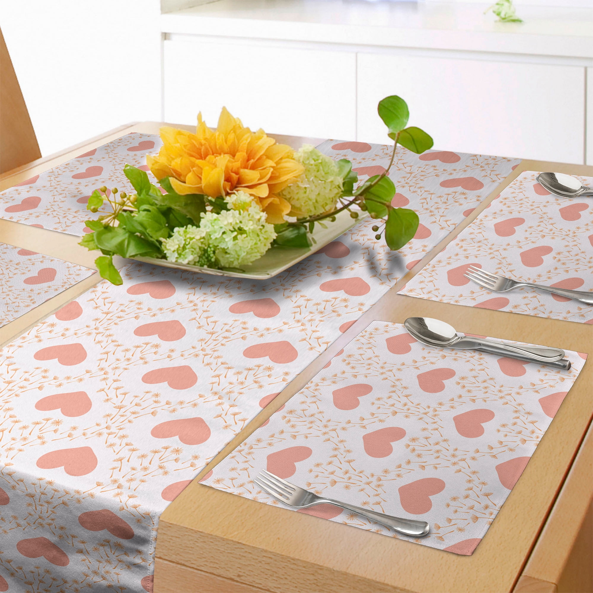 Ambesonne Romantic Table Runner & Placemats, Pastel Heart and Dandelion ...