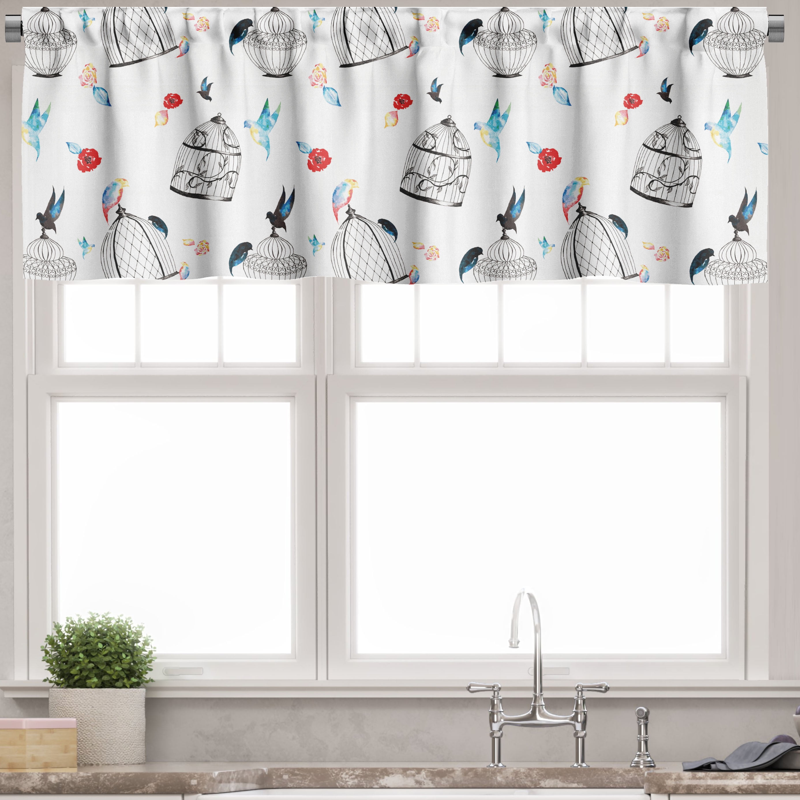 Ambesonne Romantic Window Valance, Birds Roses Cages, 54" X 18 ...