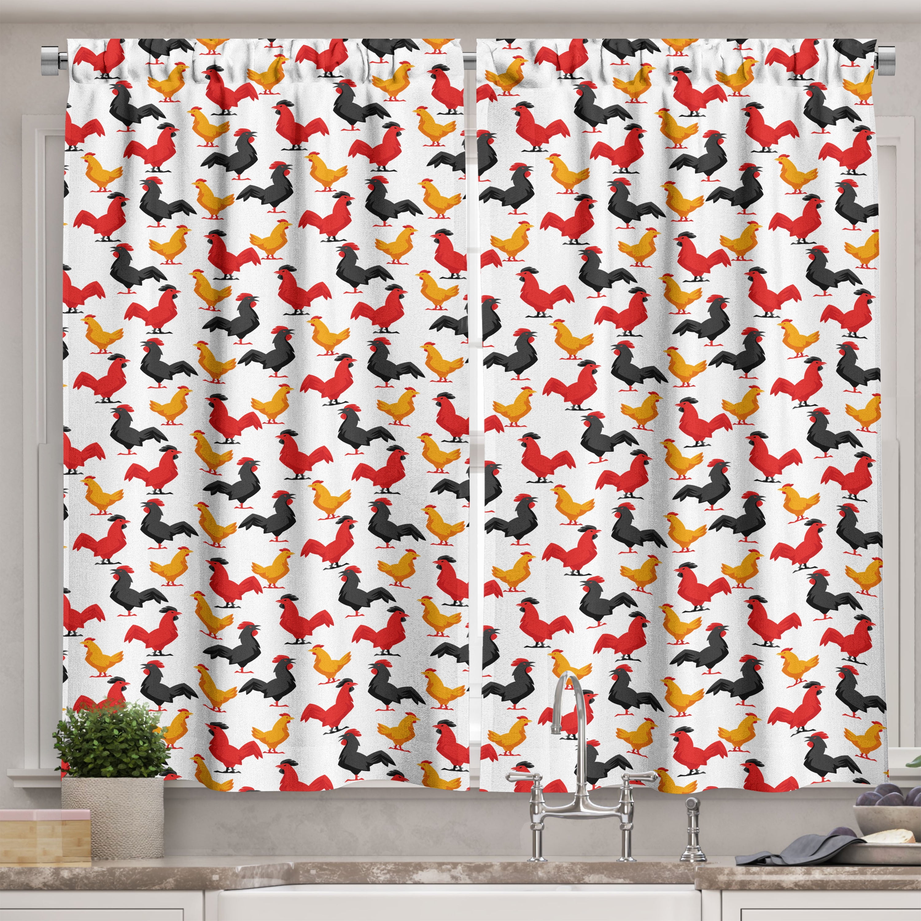 Ambesonne Rooster Kitchen Curtains, Farm Animal Bird Pattern, 55"x45 ...