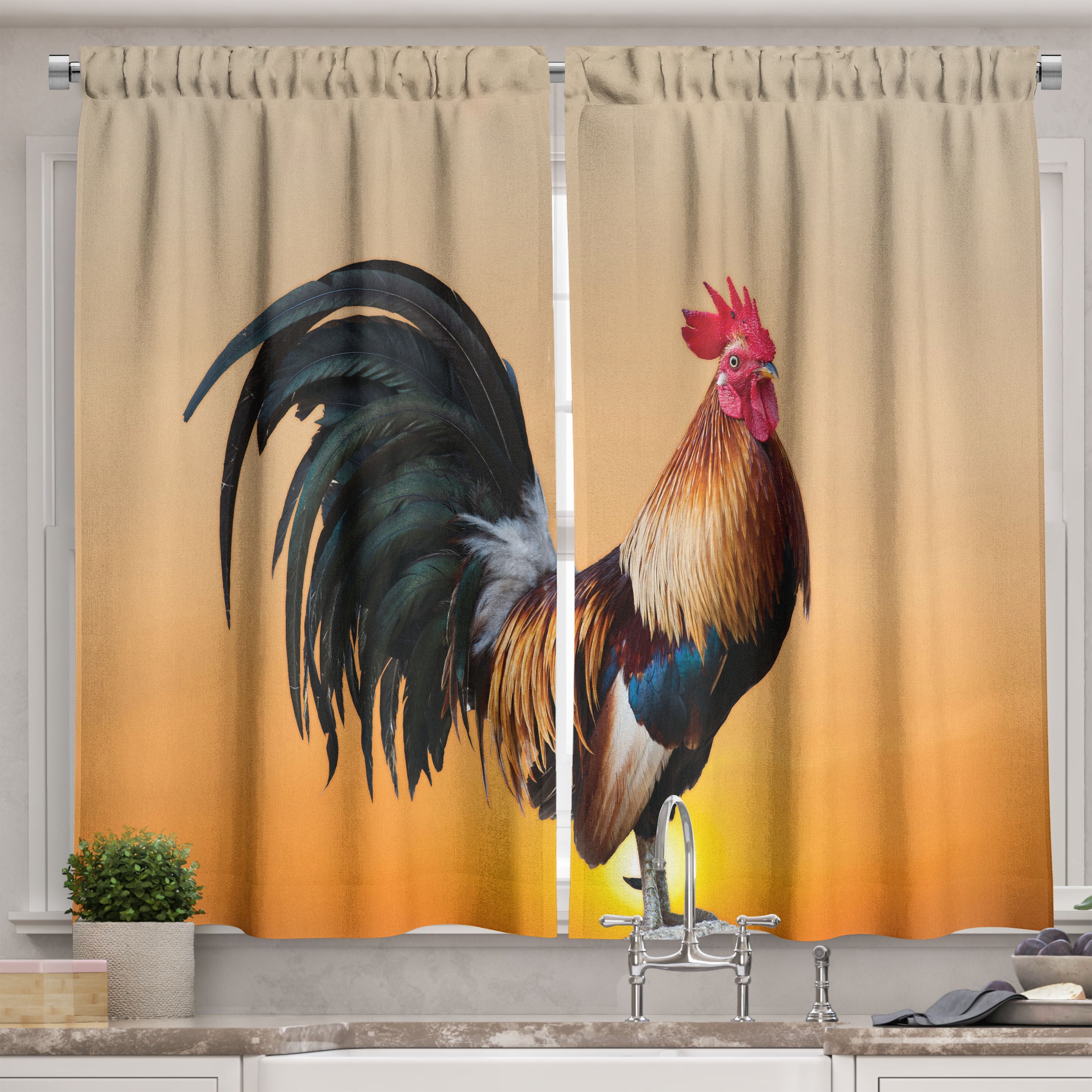 Ambesonne Rooster Kitchen Curtains, Farm Animal Sunrise, 55"x45 ...