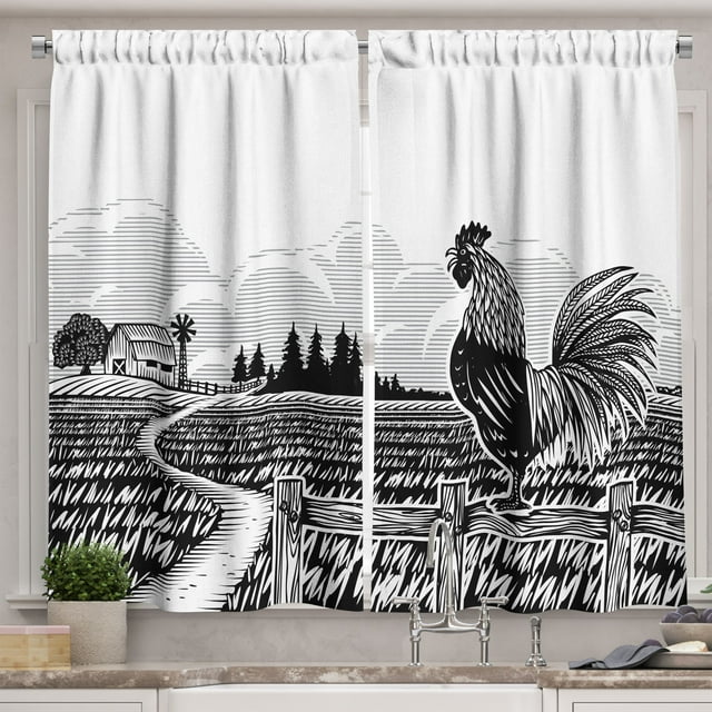 Ambesonne Rooster Kitchen Curtains, Farmland Scenery Field View, 55"x45 ...