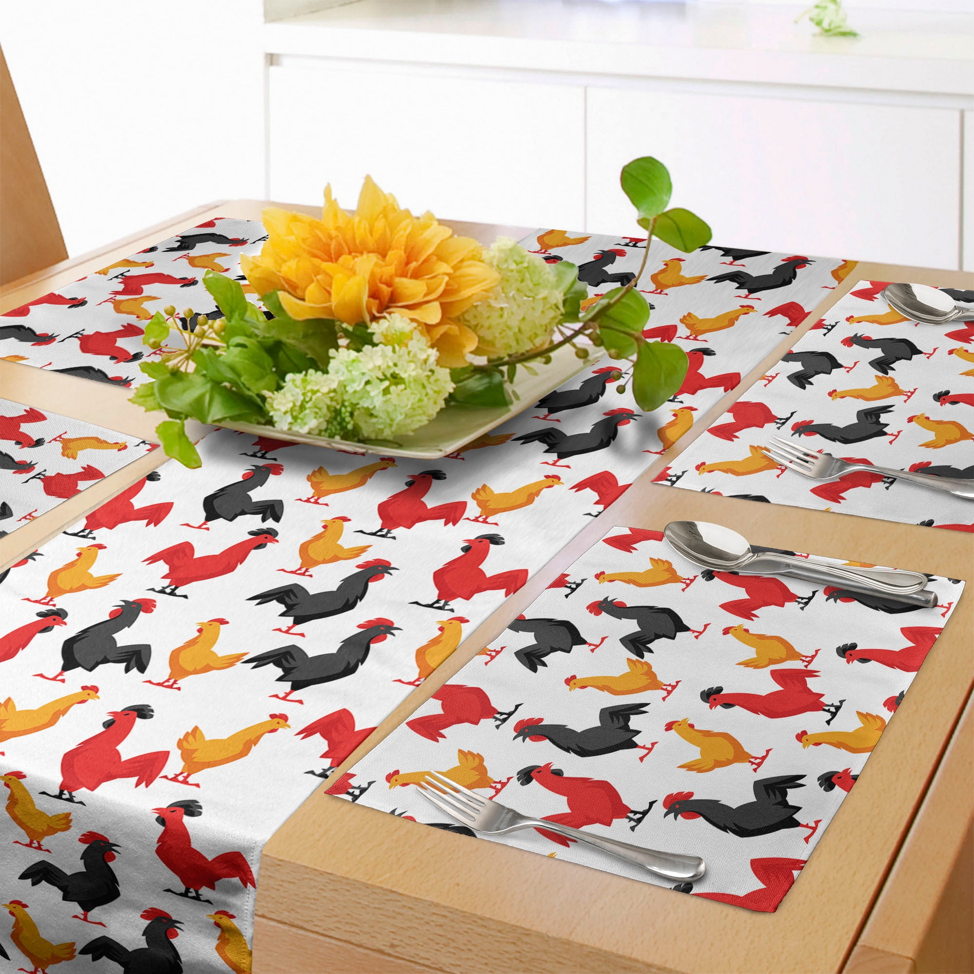 Ambesonne Rooster Table Runner & Placemats, Farm Animal Bird Pattern ...