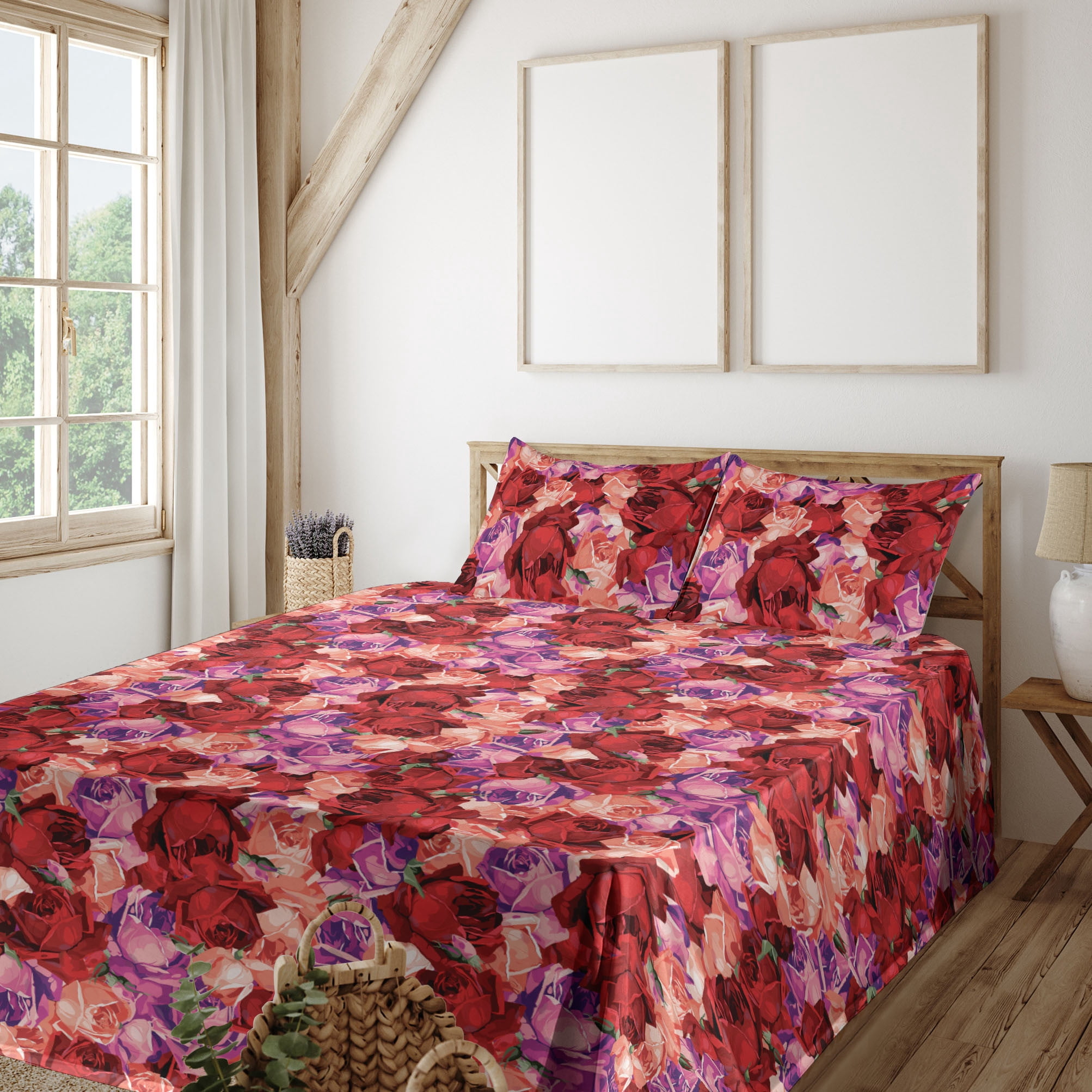 Ambesonne Rose Pattern Fitted & Flat Sheet with Shams 4 Pcs Set ...
