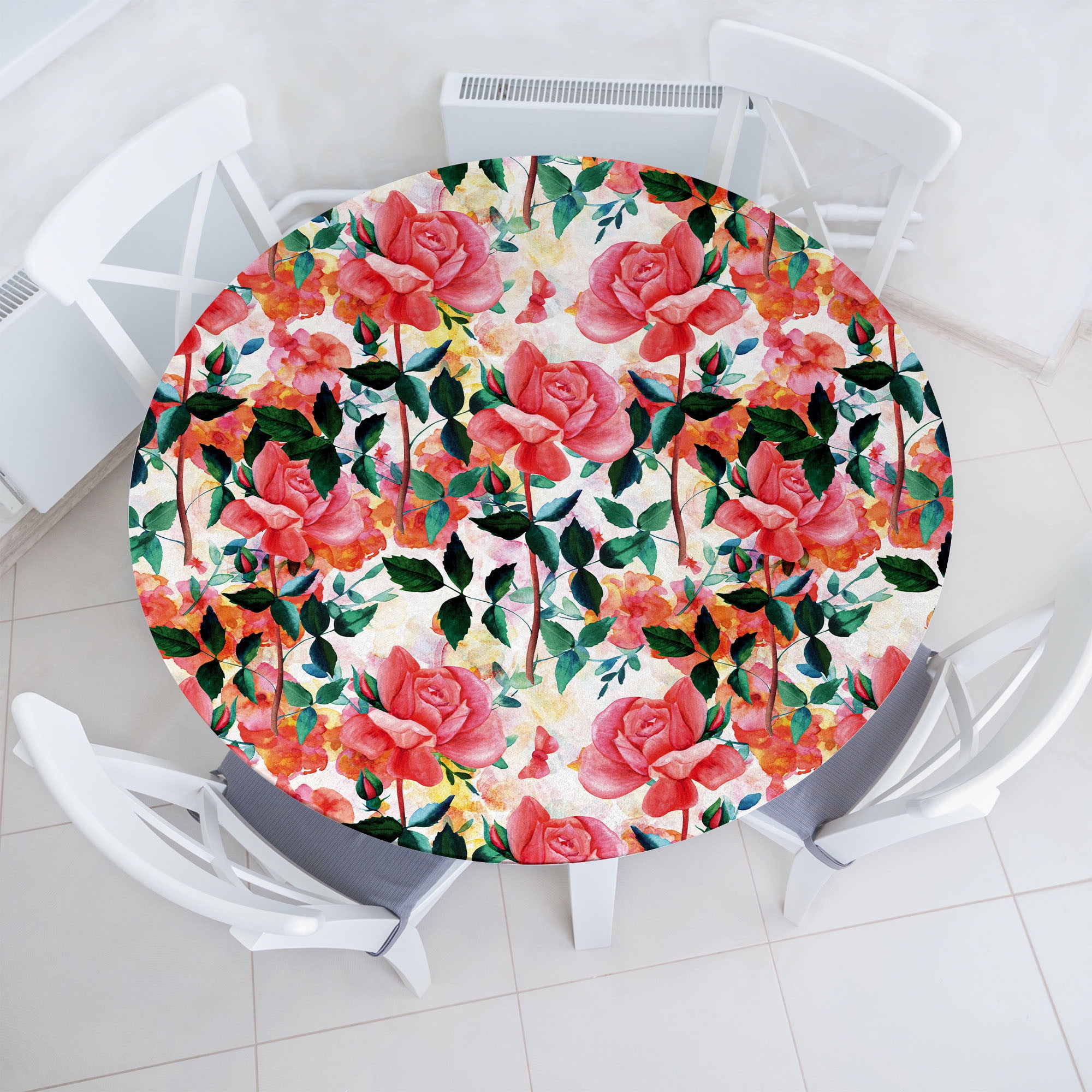 Ambesonne Rose Pattern Fitted Round Tablecloth, Garden of Romance Leaf ...