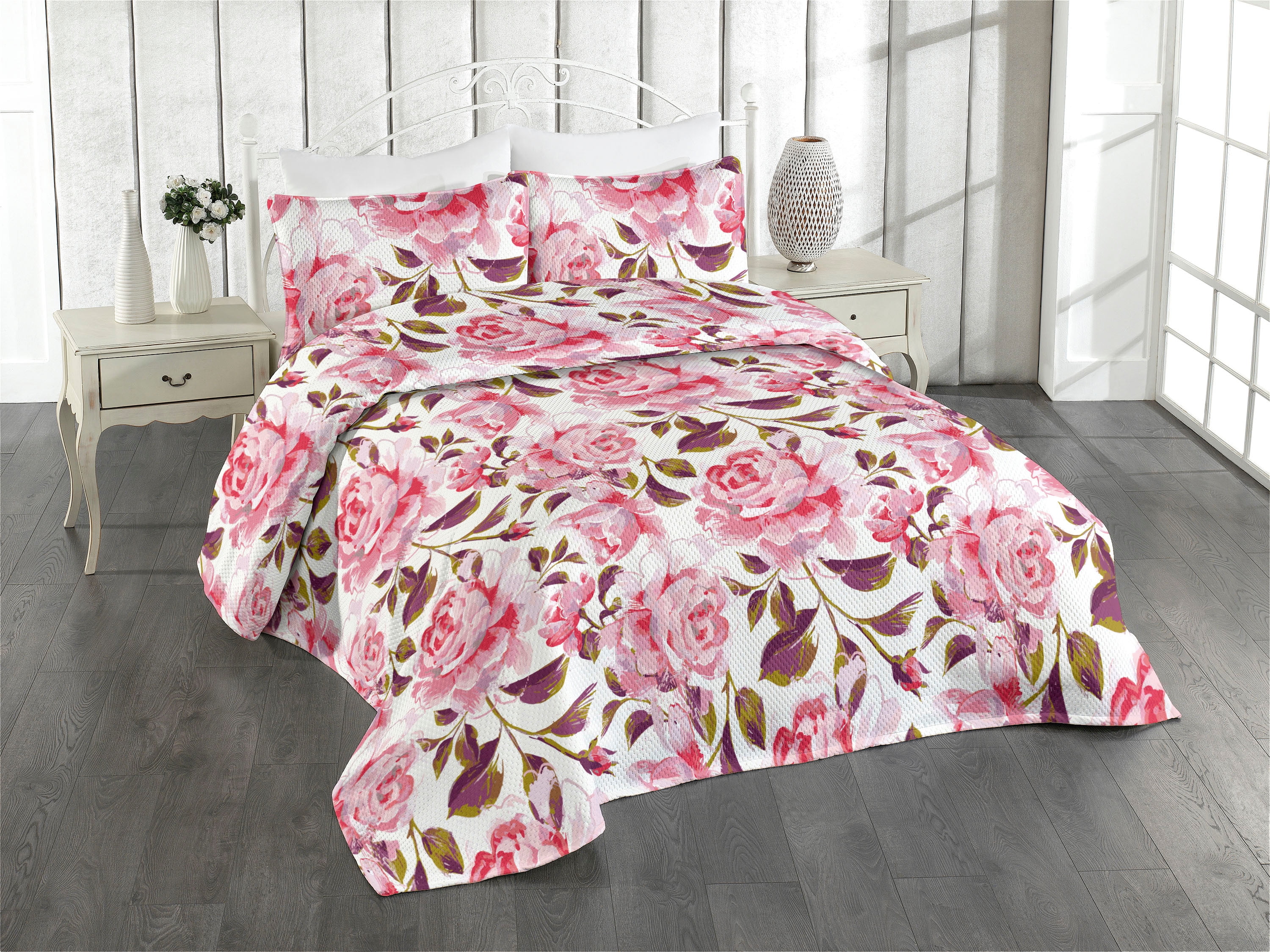 Ambesonne Rose Pattern Quilted Bedspread Set 3 Pcs, Dreamy Peduncle ...